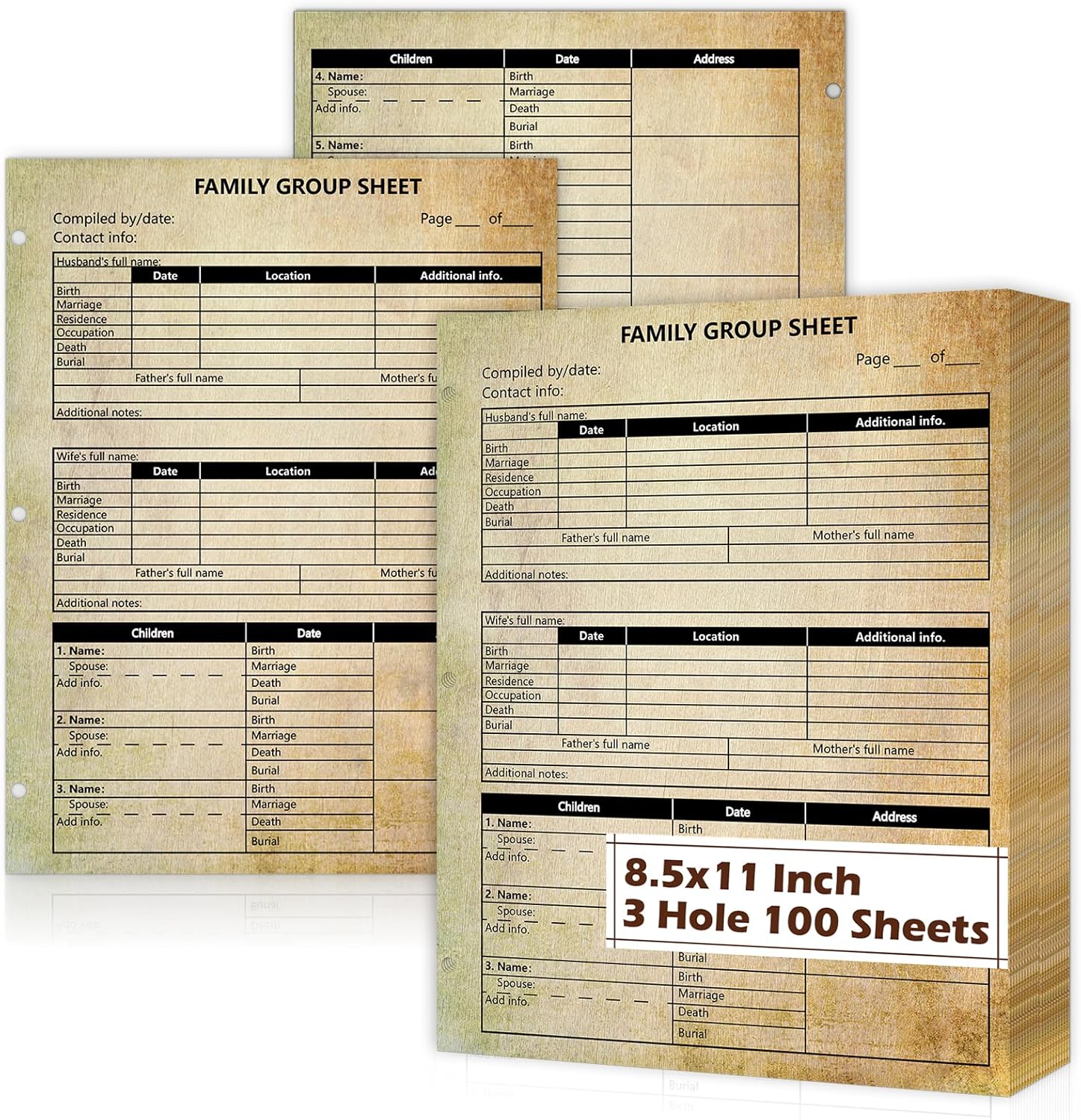 Amazon.com : 100 Sheets 12th Generation Family Group Sheets 3 Hole ...