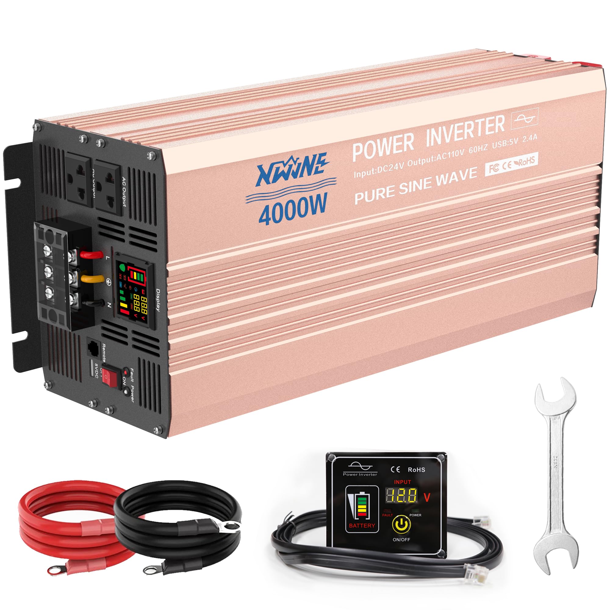 XWJNE Power Inverter 4000 Watt Pure Sine Wave 24V DC to 110V/120V AC ...