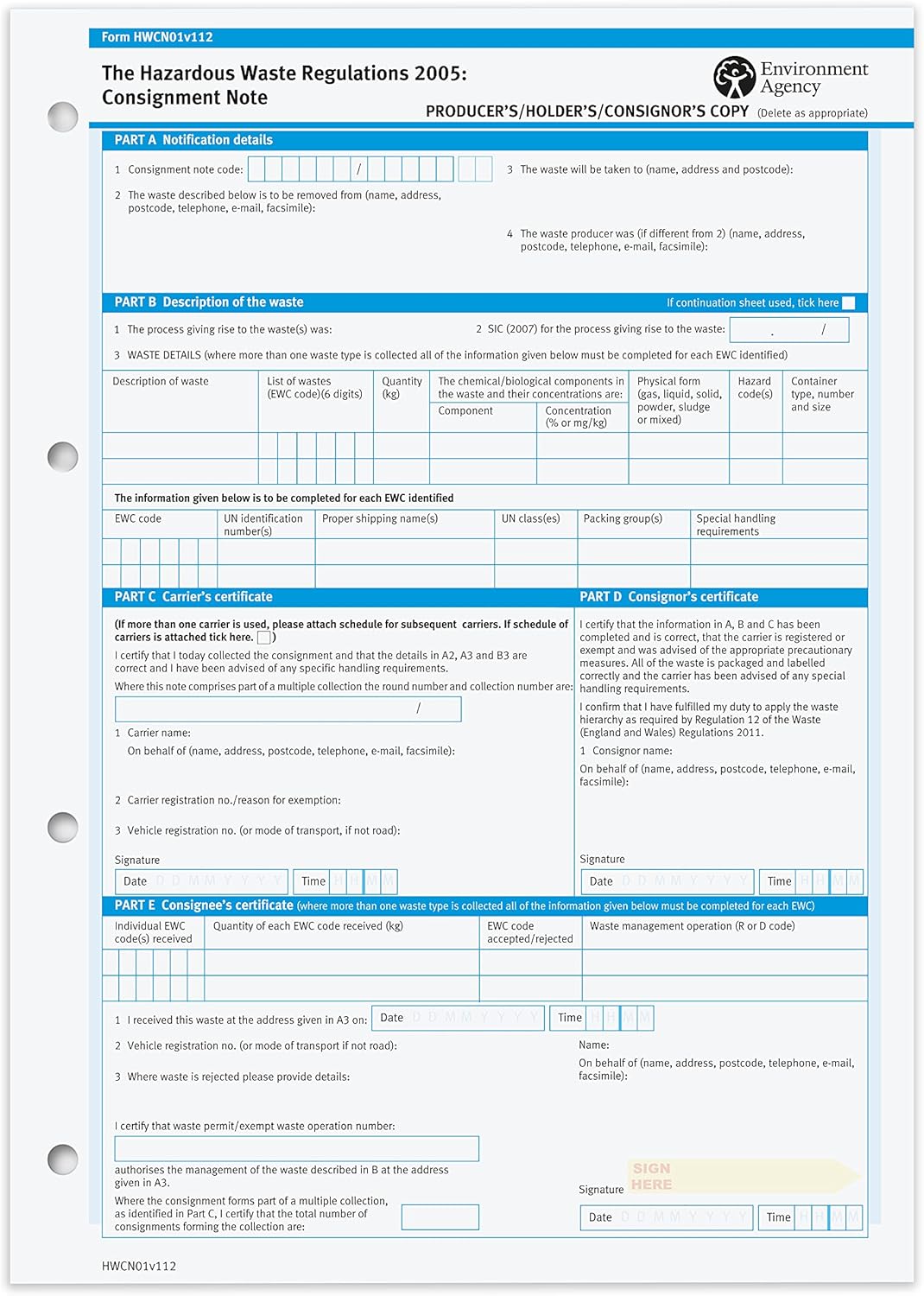 A4 Hazardous Waste Transfer Note, 3 Part NCR pad, 50 Sets per pad ...