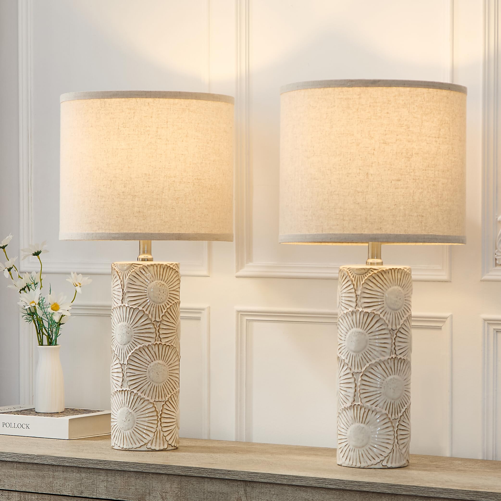 25.25" White Flower Ceramic Table Lamps for Living Room Set of 2 ...
