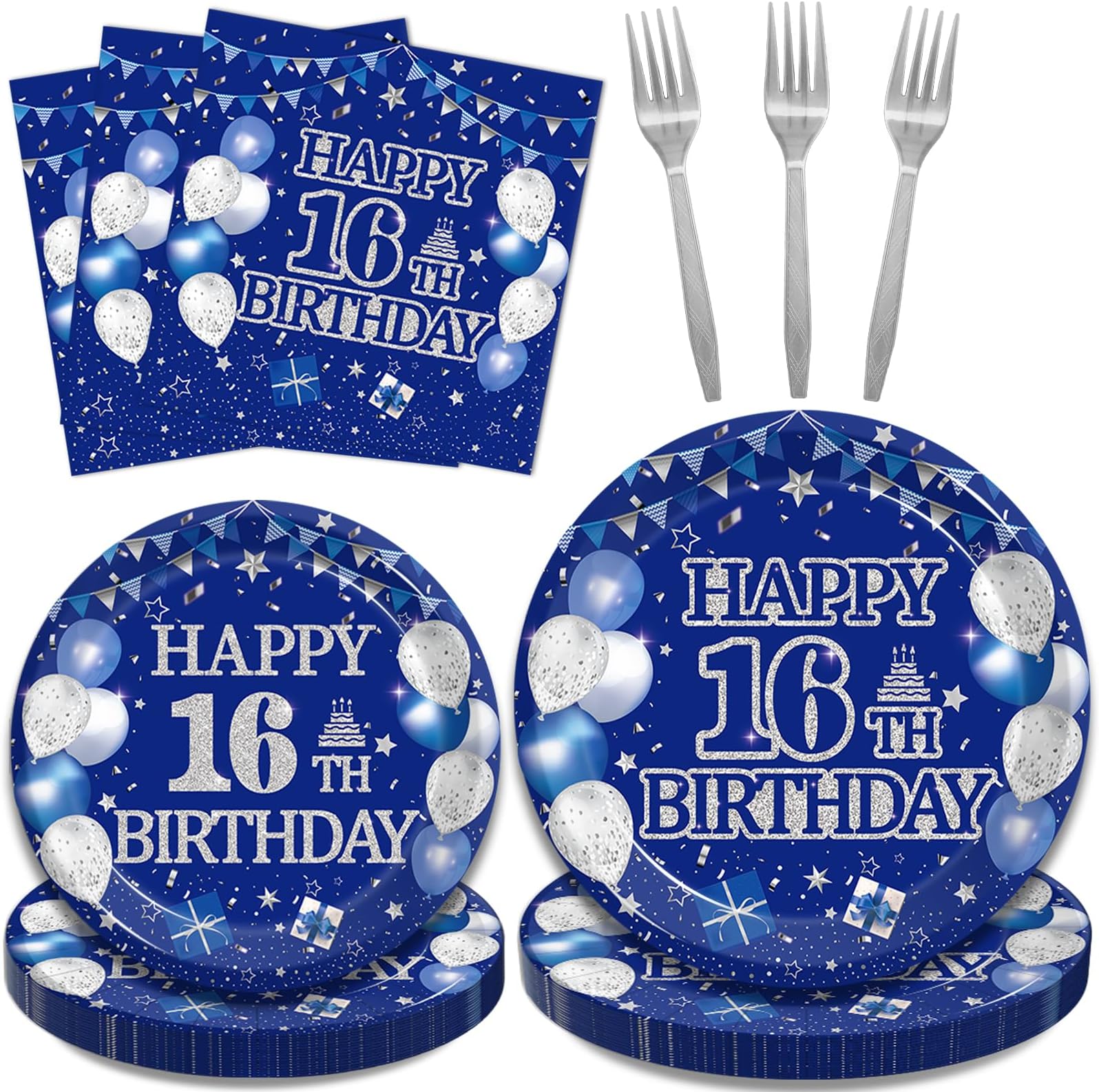 Amazon.com: Kepeel 96Pcs 16th Birthday Party Tableware Set, Blue and ...