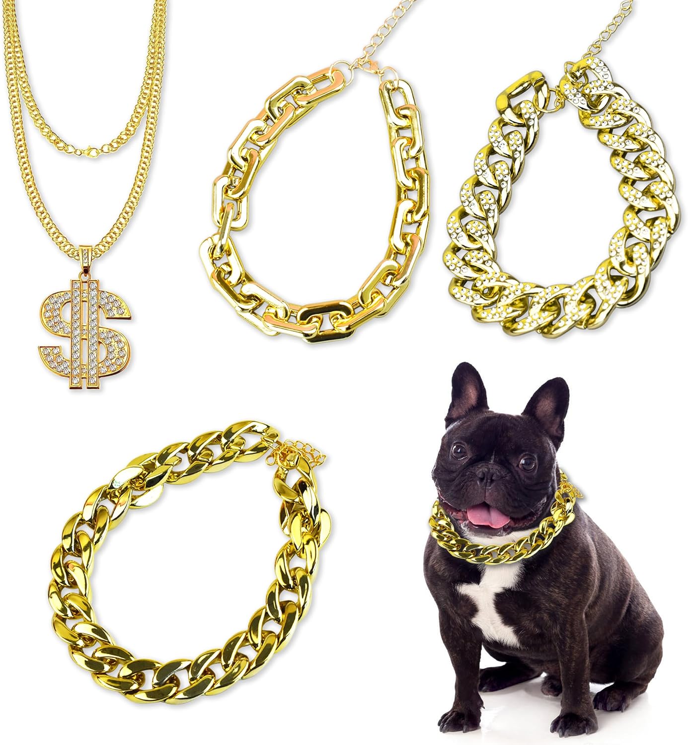 4 Pack Dog Chain Collar, Diamond Cuban Link Dog Collar Gold Metal Dog ...