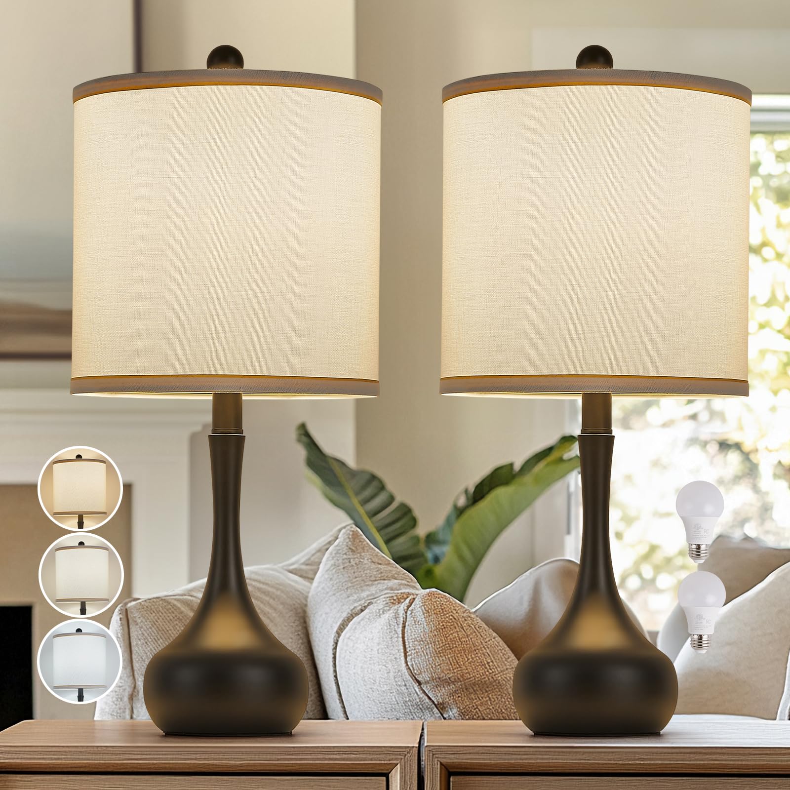 HELIJIA 23" Black Metal Modern Table Lamp Set of 2,Farmhouse Bedside ...