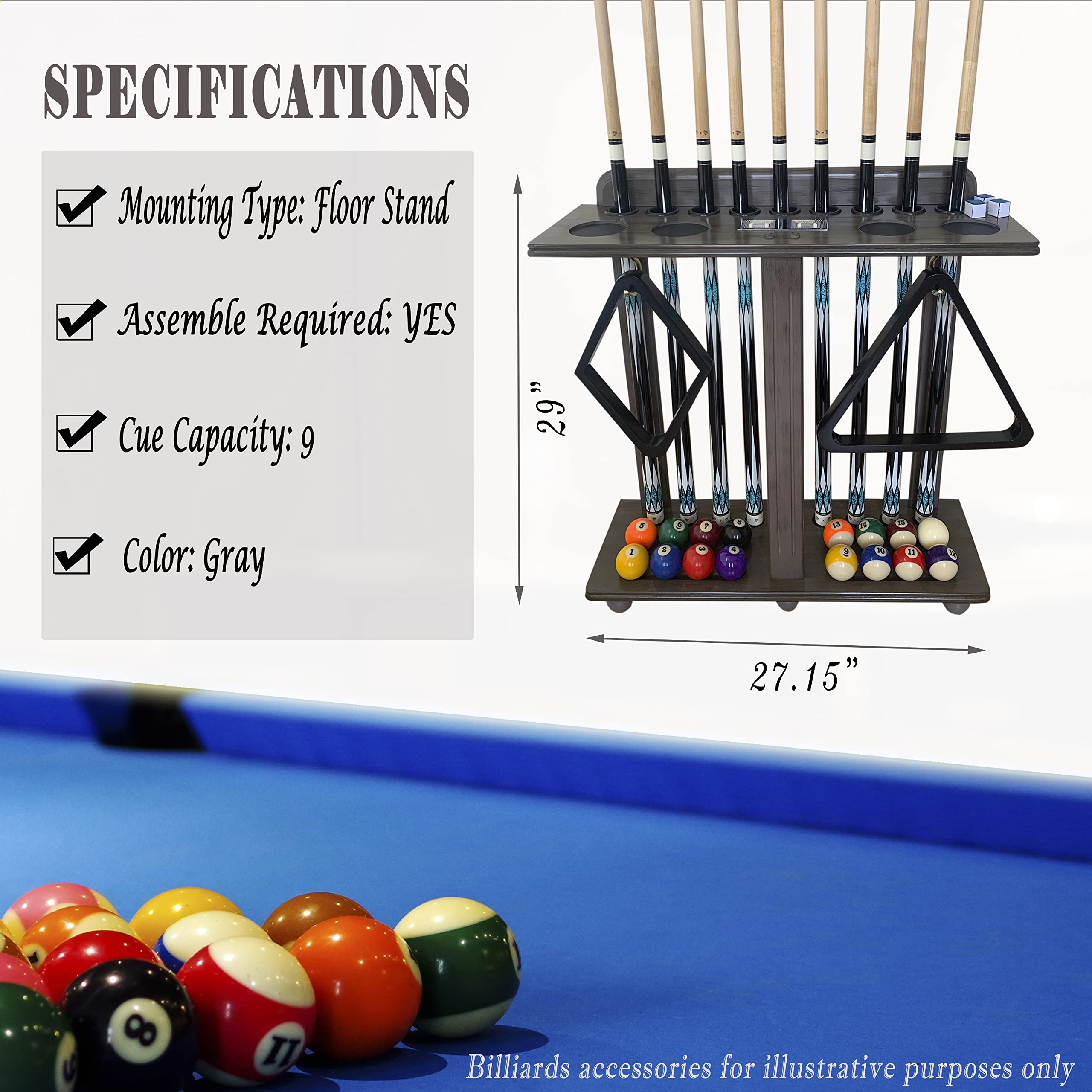 Snapklik.com : GACCO BILLIARDS Floor Pool Cue Rack Hold 9 Cue Sticks ...