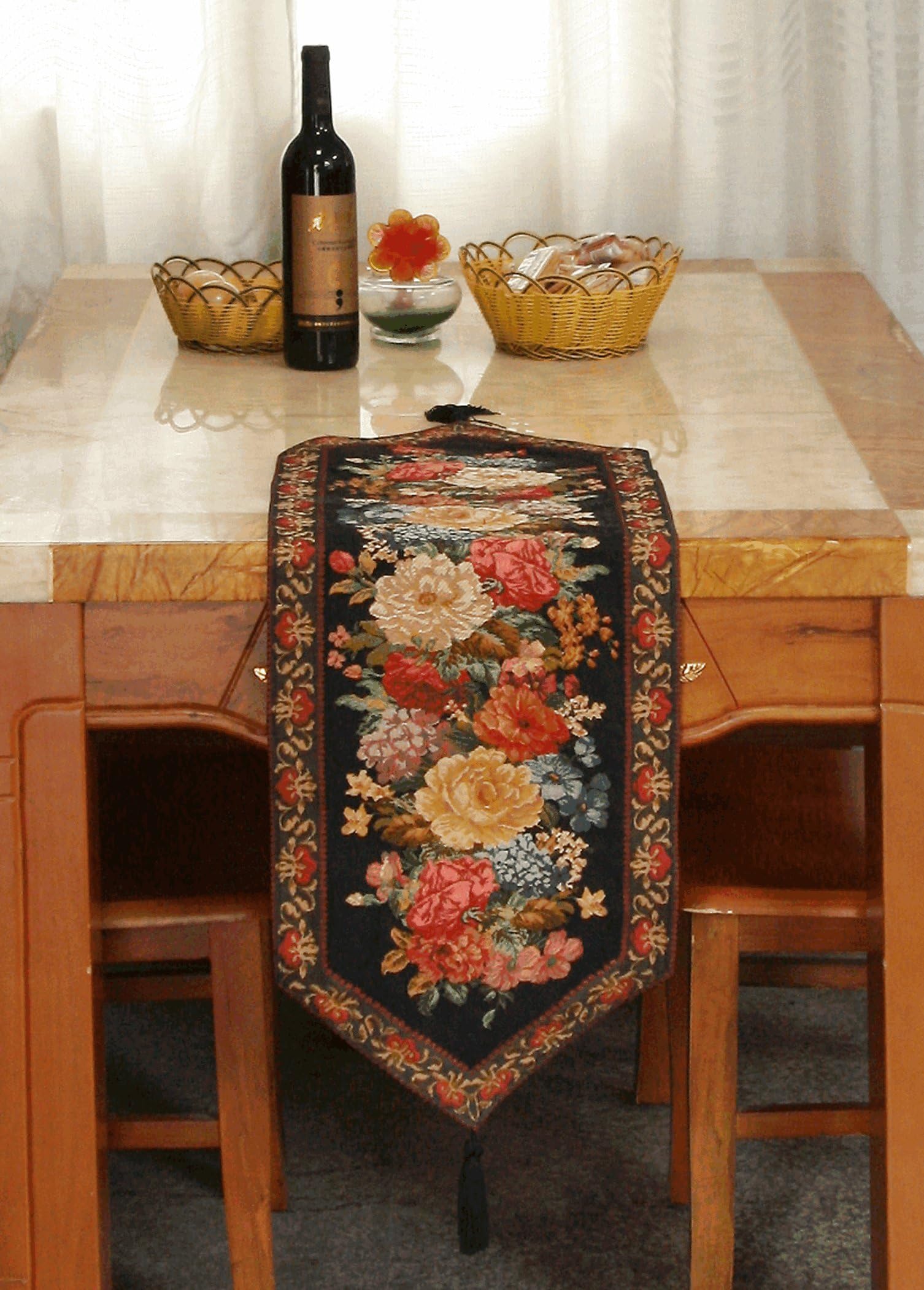 Amazon.com: Red Floral Tapestry Table Runner Tache Yuletide Blooms ...