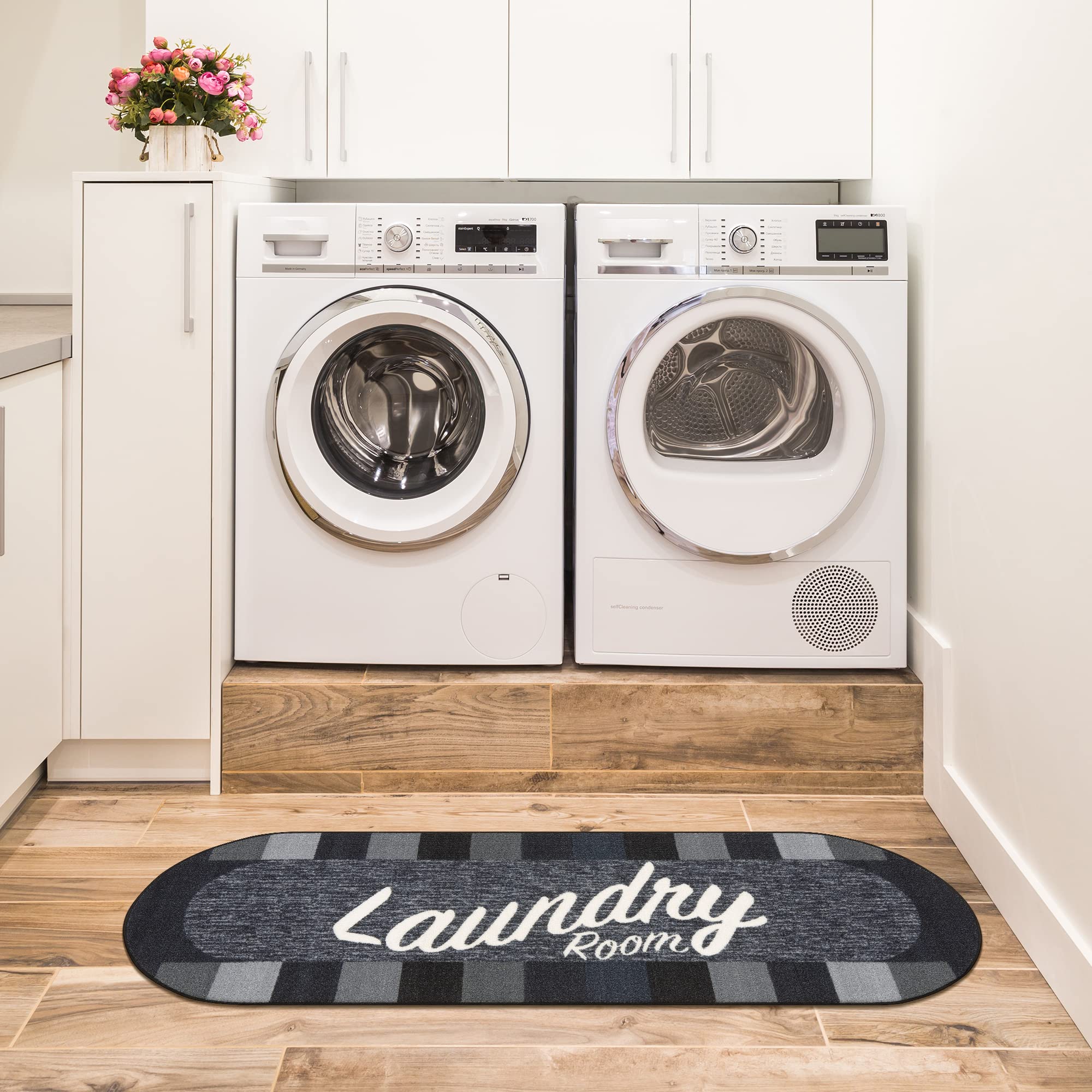 Ottomanson Machine Washable Checkered Border Laundry Room Rug Non-Slip ...