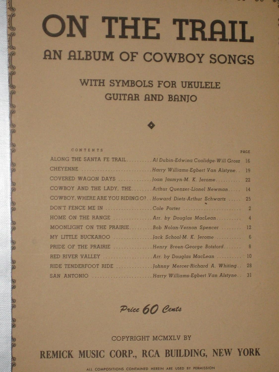 On the Trail, An Album of Cowboy Songs (with Symbols for Ukulele ...