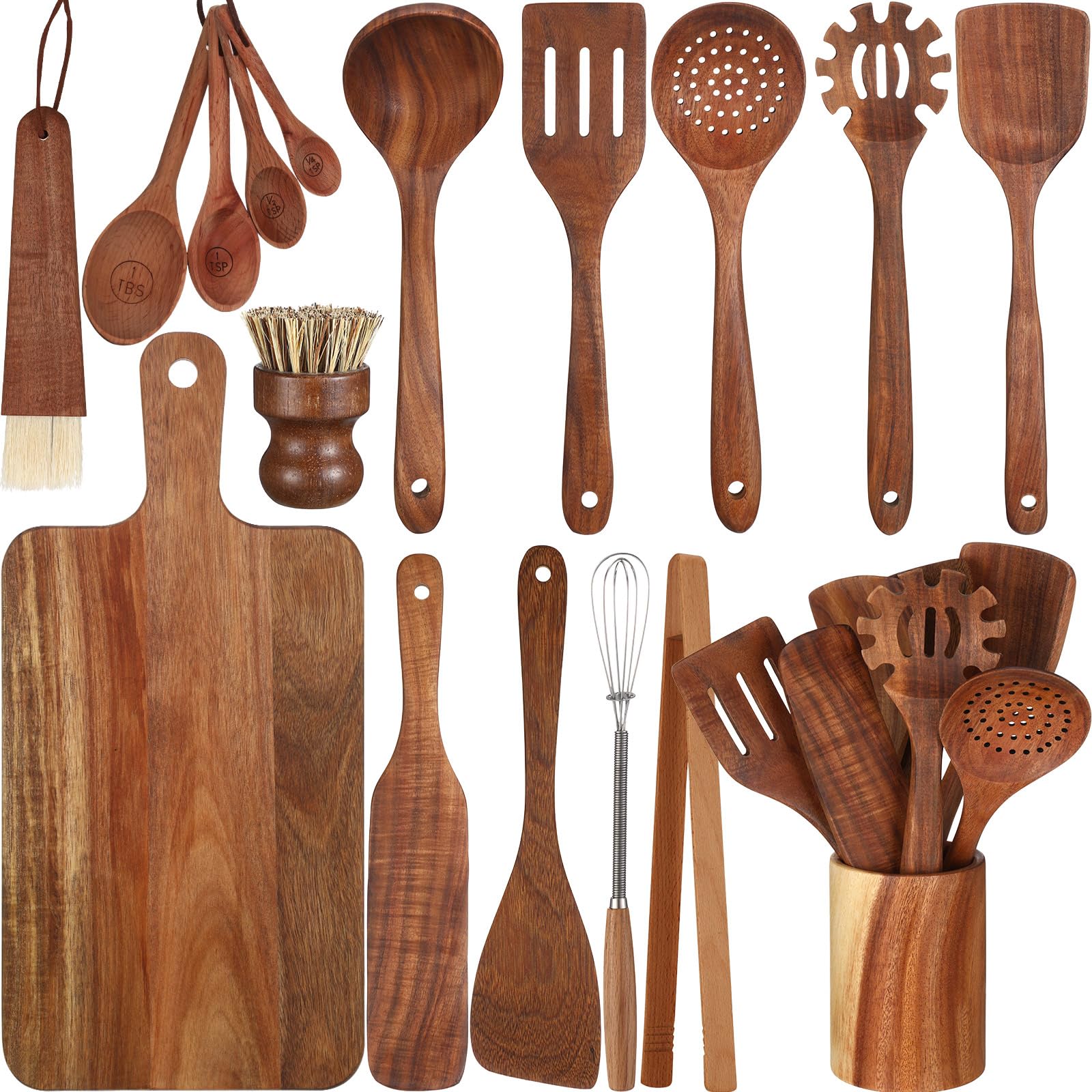 Amazon.com: Briwooody 18 Pcs Wooden Kitchen Utensils Set with Holder ...