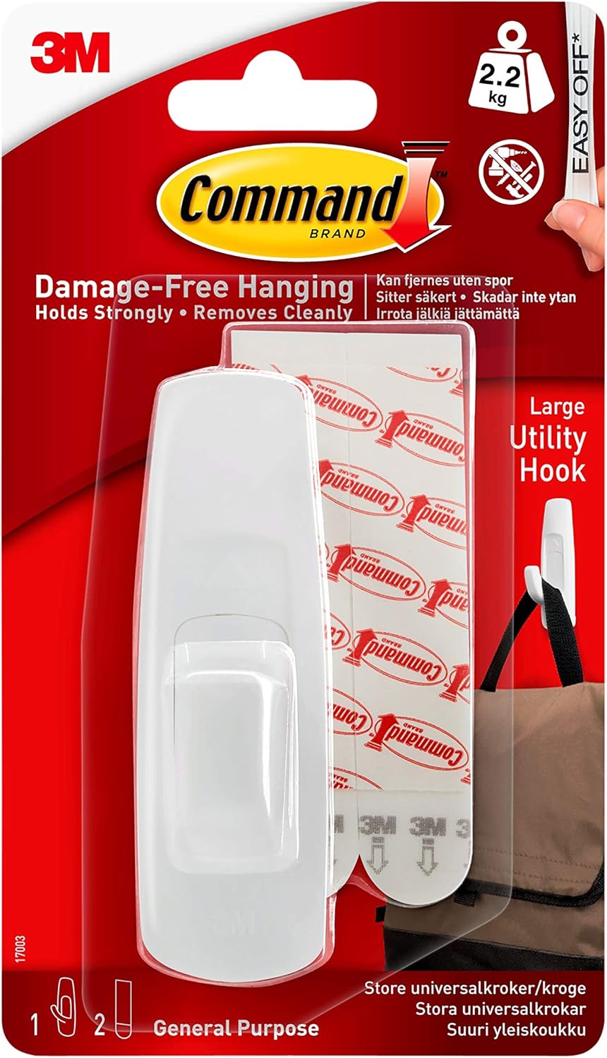 Command Large Utility Hook, Pack of 1 Hook and 2 Adhesive Strips, White ...