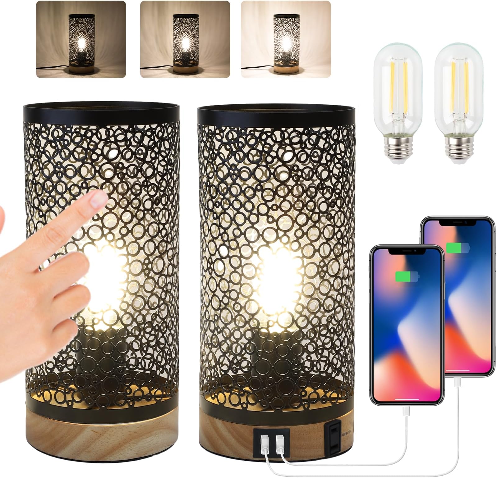 Touch Control Table Lamp Set of 2, Dimmable Bedside Nightstand Lamps ...