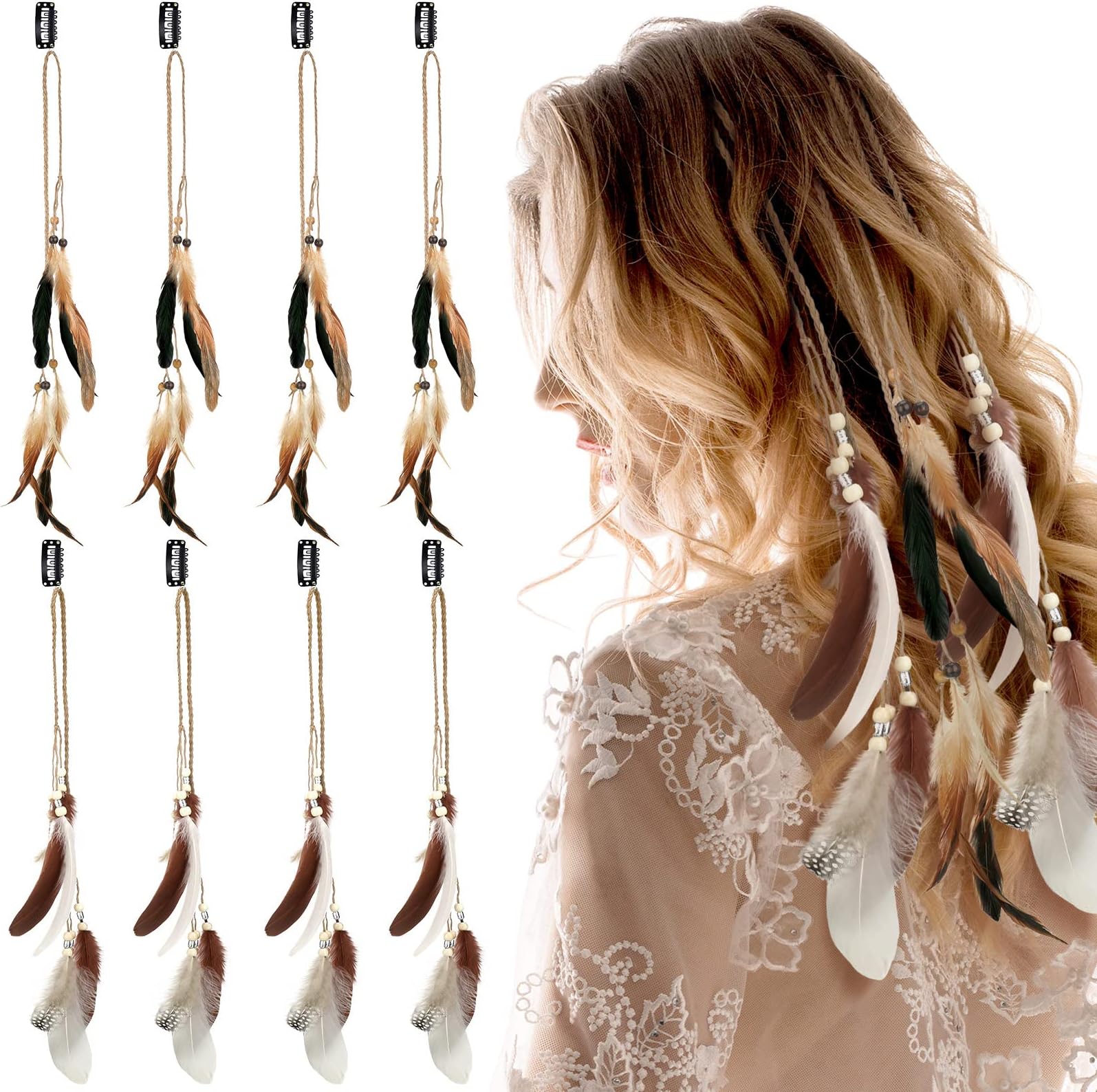 Amazon.com : 8 Pcs Feather Hair Clips Hippie Handmade Boho Hair ...