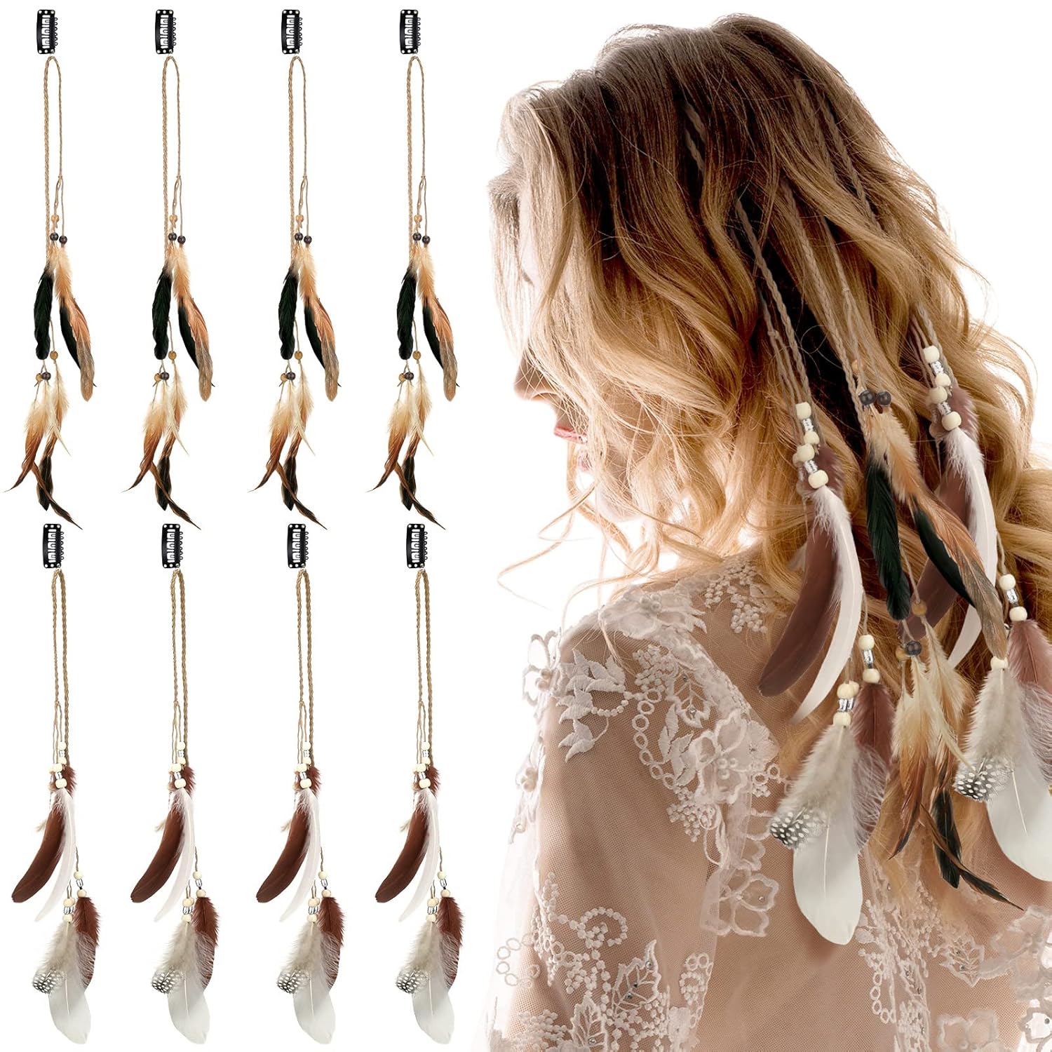Amazon.com : Bencailor 8 Pcs Feather Hair Clips Hippie Handmade Boho ...