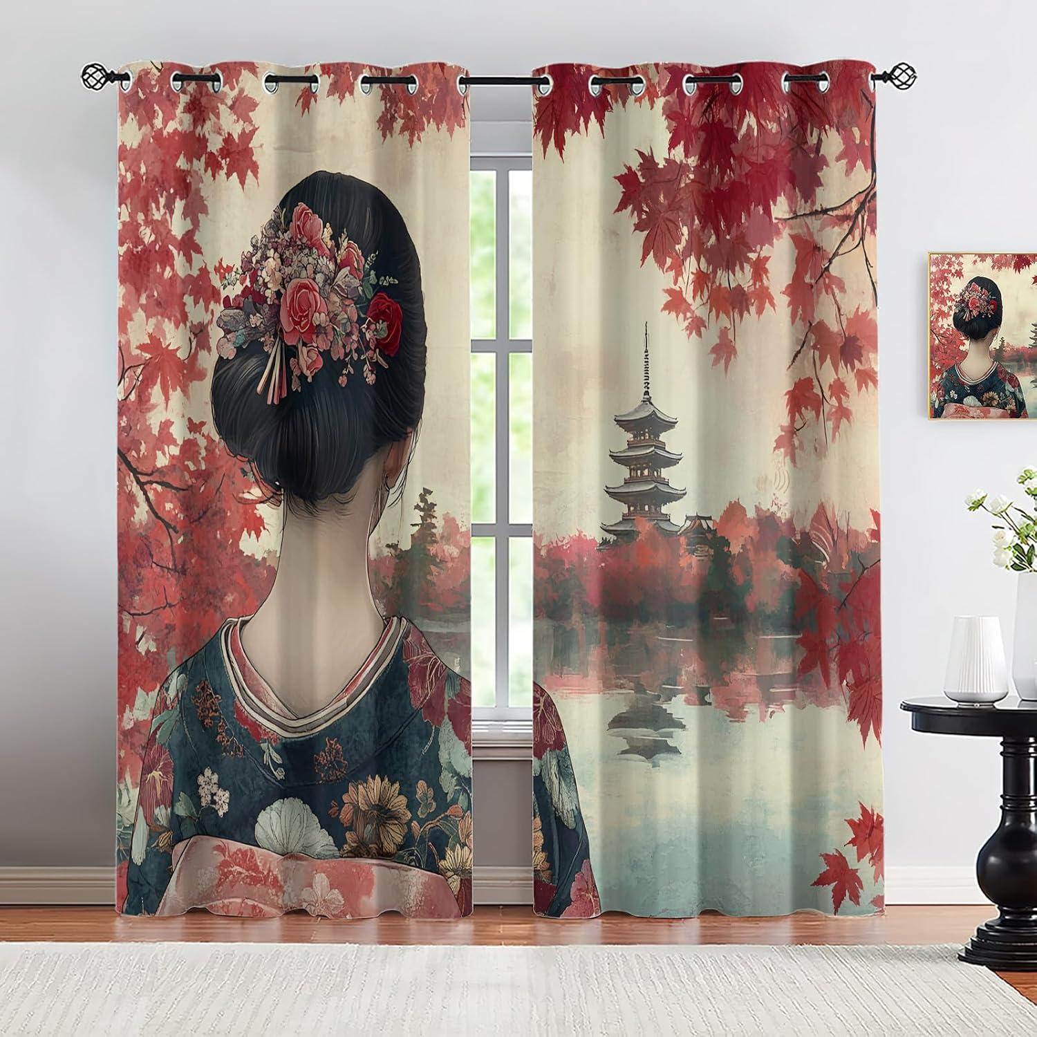 Amazon.com: Japanese Style Curtains 96 Inch Length, Red Maple Leaves ...