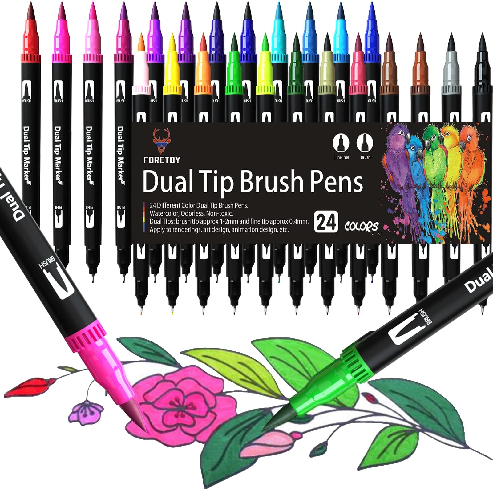 Colouring Pens, 24 Colours Felt Tip Pens Set Dual Brush Pens Art ...