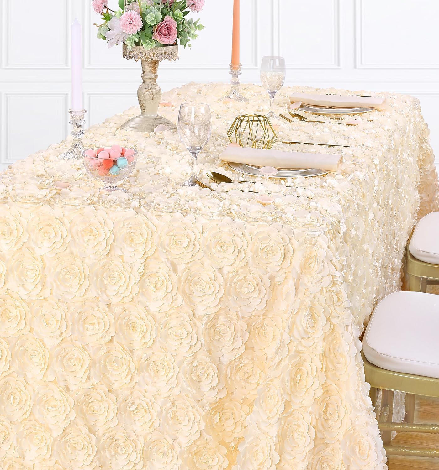 Amazon.com: QueenDream Ivory Tablecloth 90x156 Inch Rosette Wedding ...