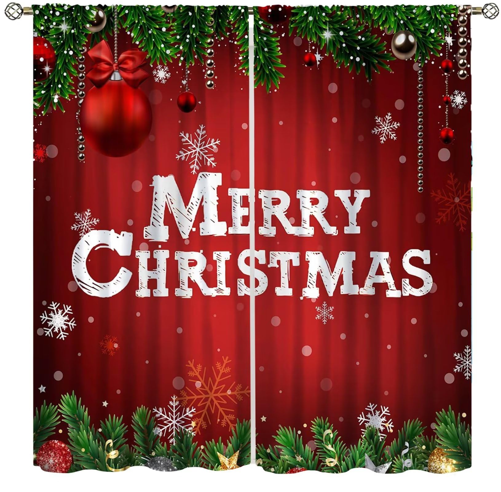 Amazon.com: Red Christmas Curtains Balls with Pine Fir Tree Holiday ...