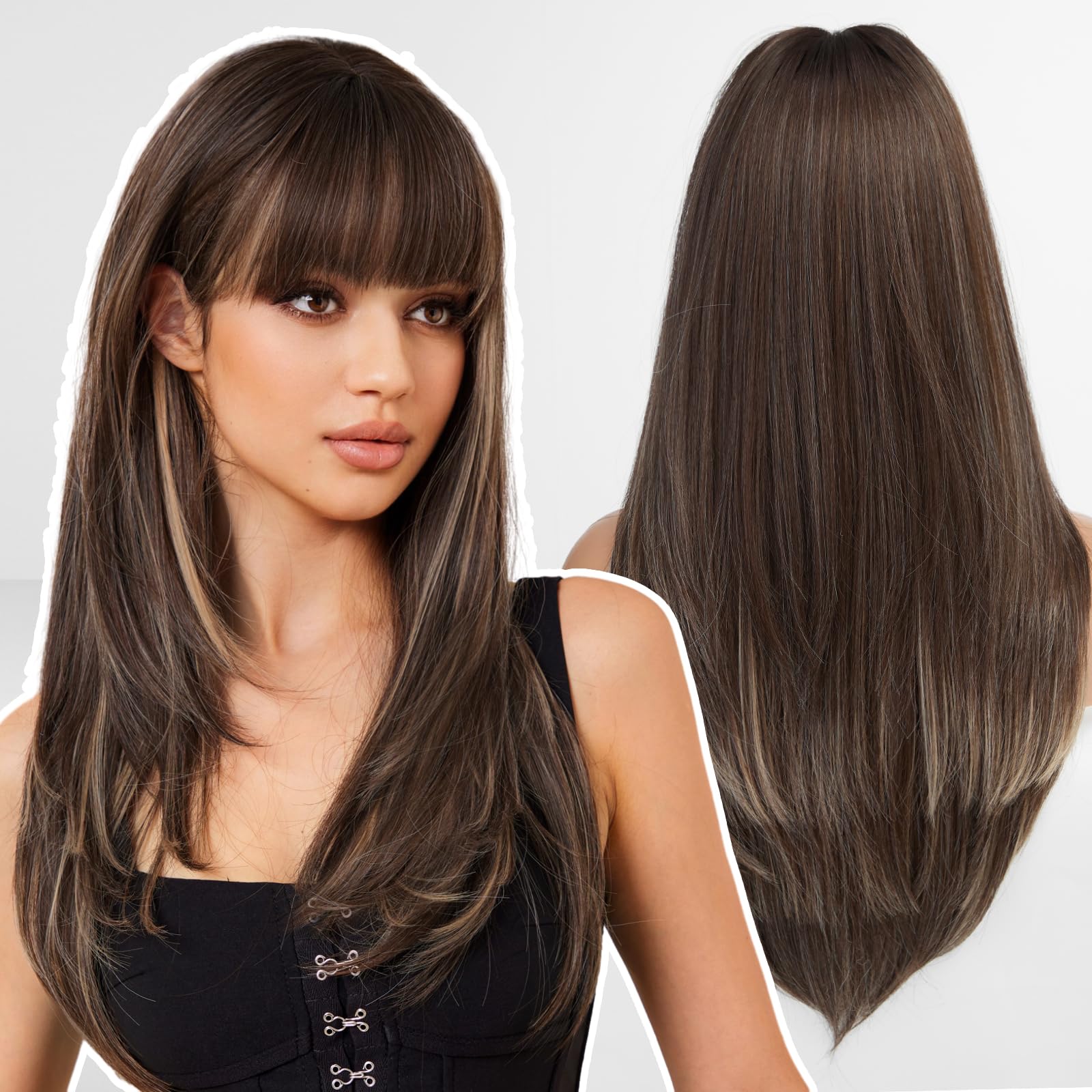 WOKESTAR Brown Wigs for Women Layered Straight Long Wig with Fringe ...