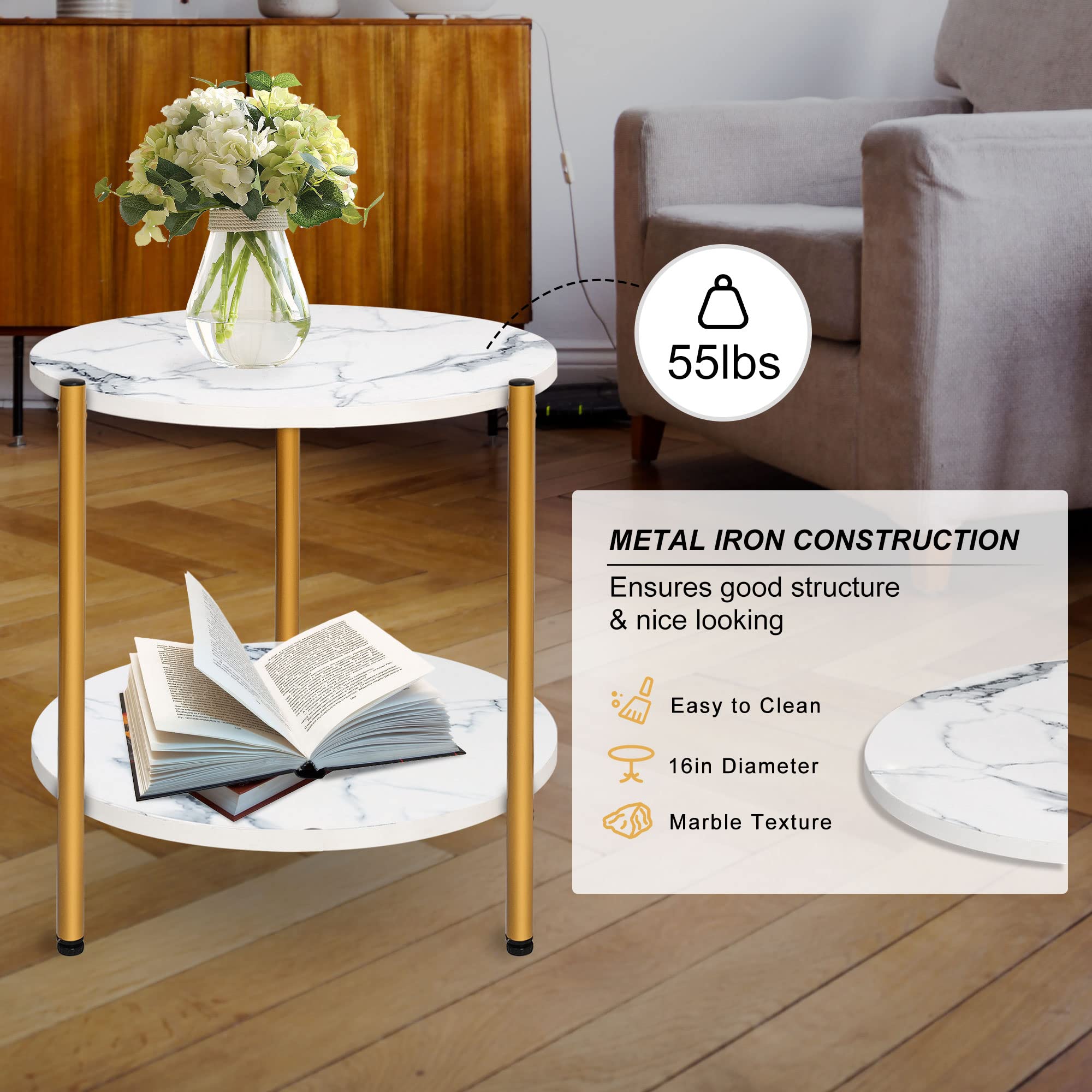 Snapklik.com : White Marble Side Table 2-Tier Small Gold End Table Round Modern Accent Table ...