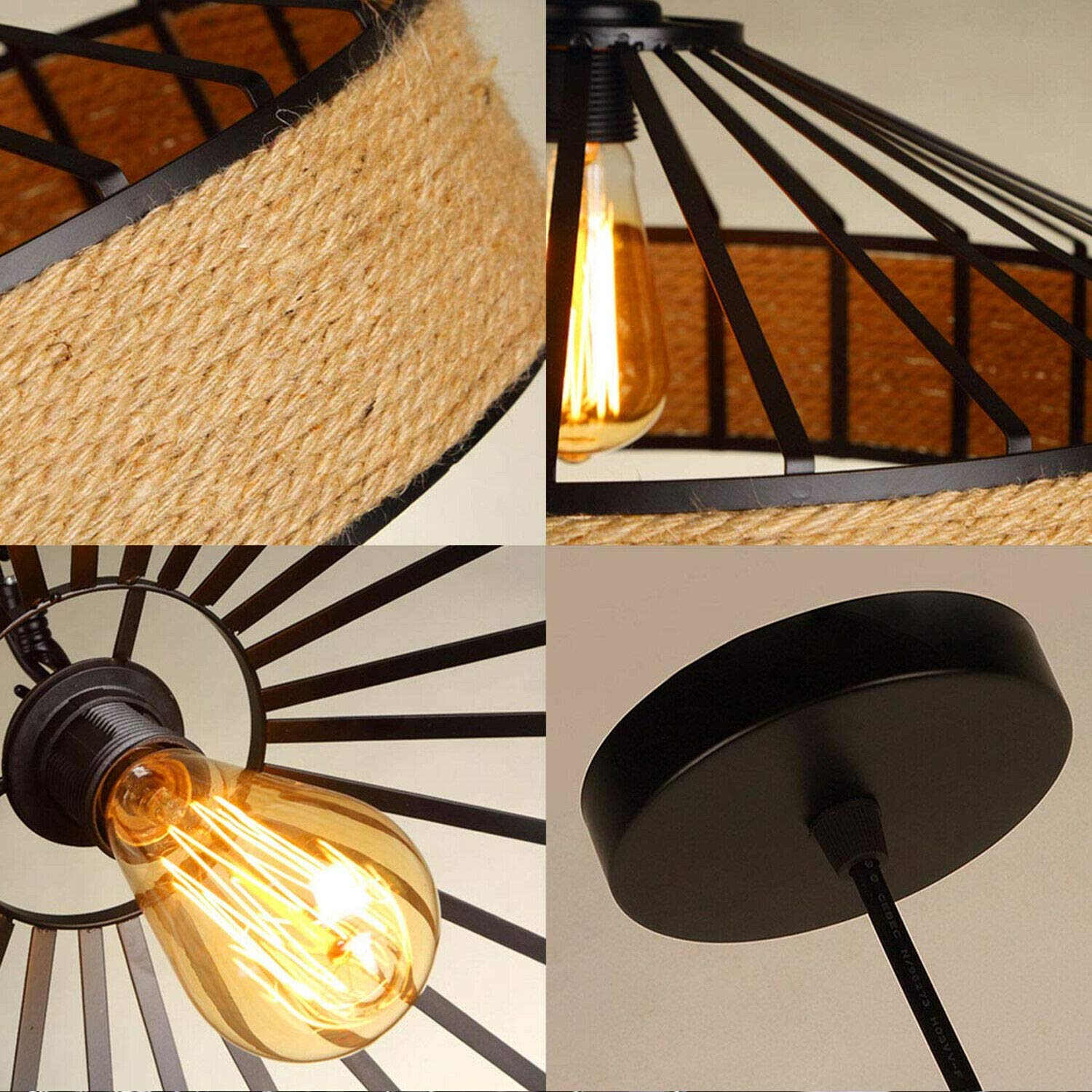 Metal & Rope Pendant Light Shade,30cm Retro Hemp Rope Black Ceiling ...