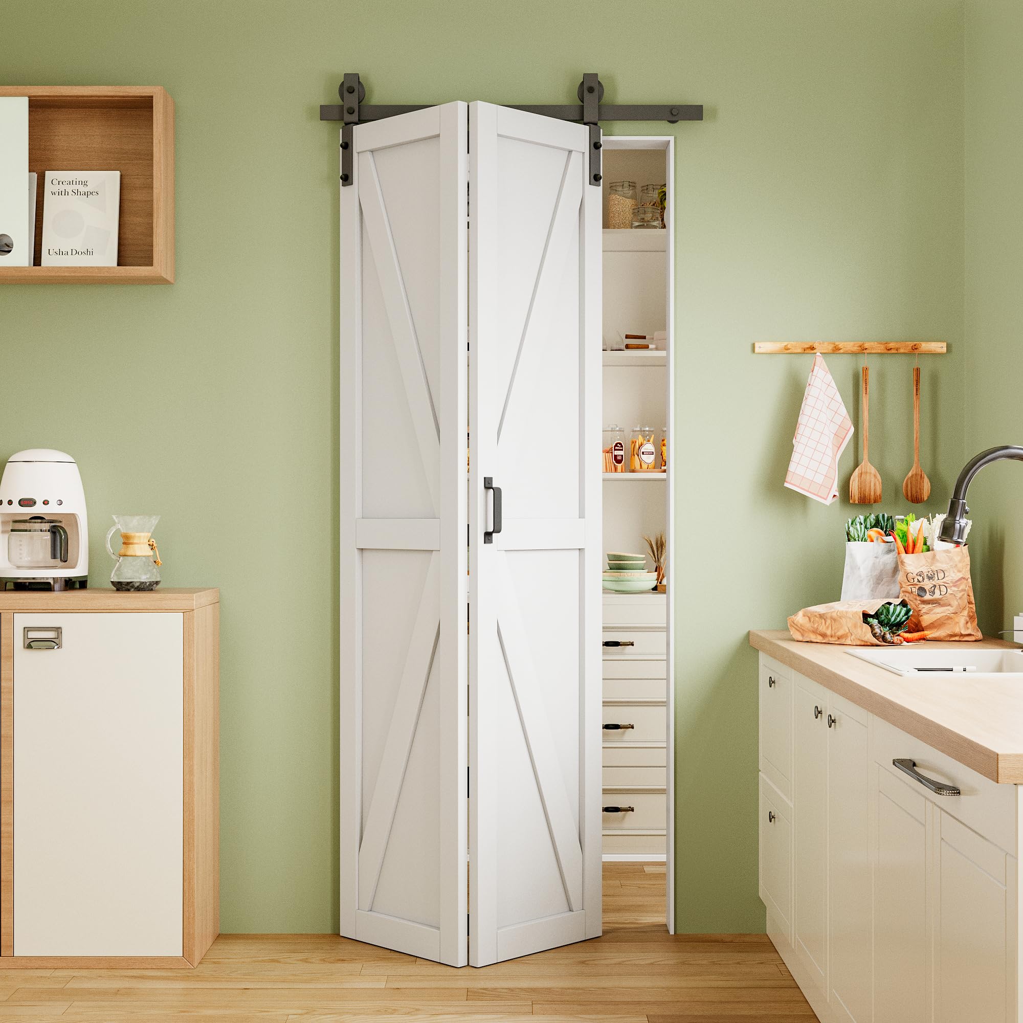 Pre-Assembled Solid Core Panels Bifold Barn Door, White Primed Finish ...