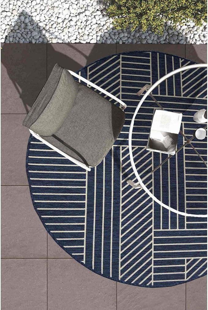 Modern Style Rugs Eden Straight Lines Navy Blue Indoor/Outdoor round ...