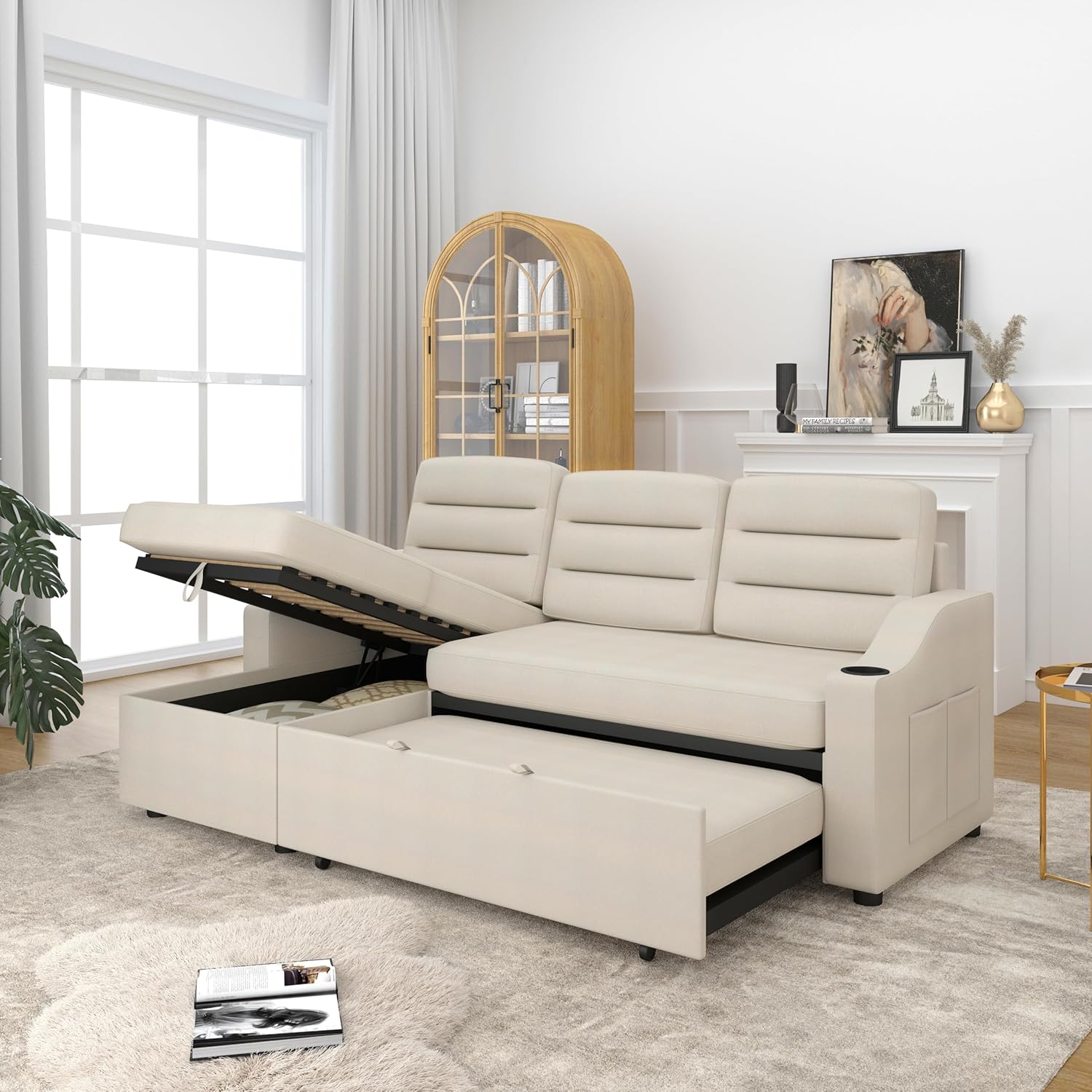 Amazon.com: FANYE 83.5" W L-Shaped Reversible Sleeper Sectional Sofa Linen Tufted Upholstered ...