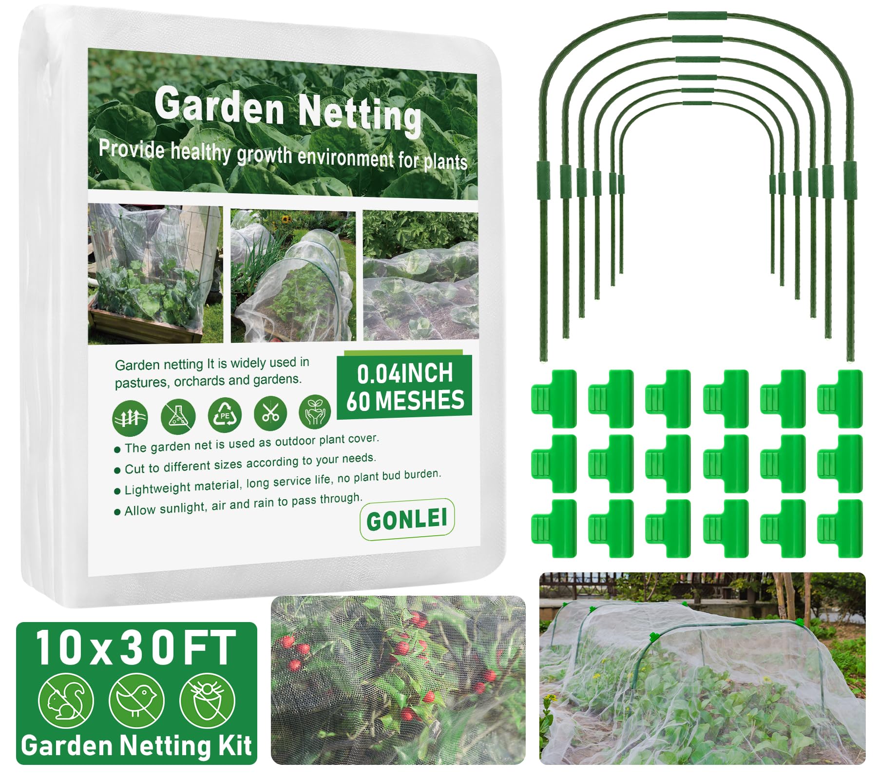 Amazon.com : GonLei 10x30FT Garden Mesh Netting Kit Raised Beds (6 Pcs Garden Hoops & 18 Clips ...