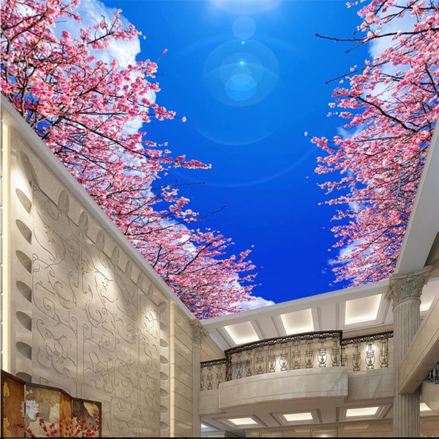 Amazon.com: Blue Sky Sunshine Mural Wallpaper, Cherry Blossom Ceiling ...