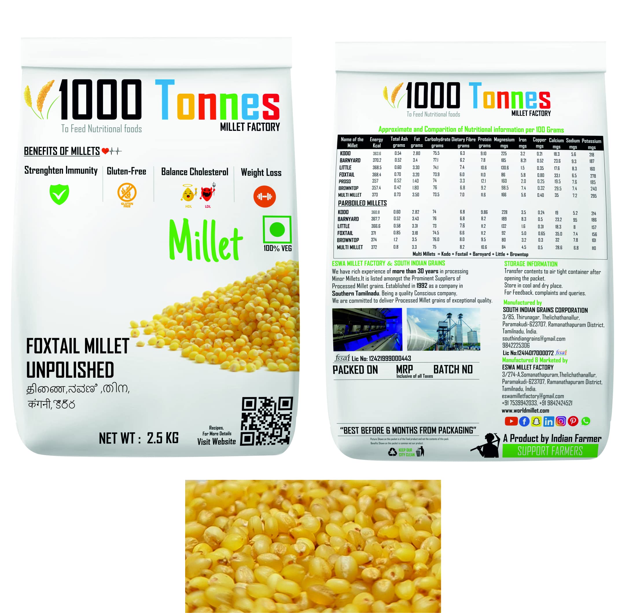 Buy 1000 Tonnes- Foxtail Millet Unpolished 2.5 KG (EXPORT QUALITY ...