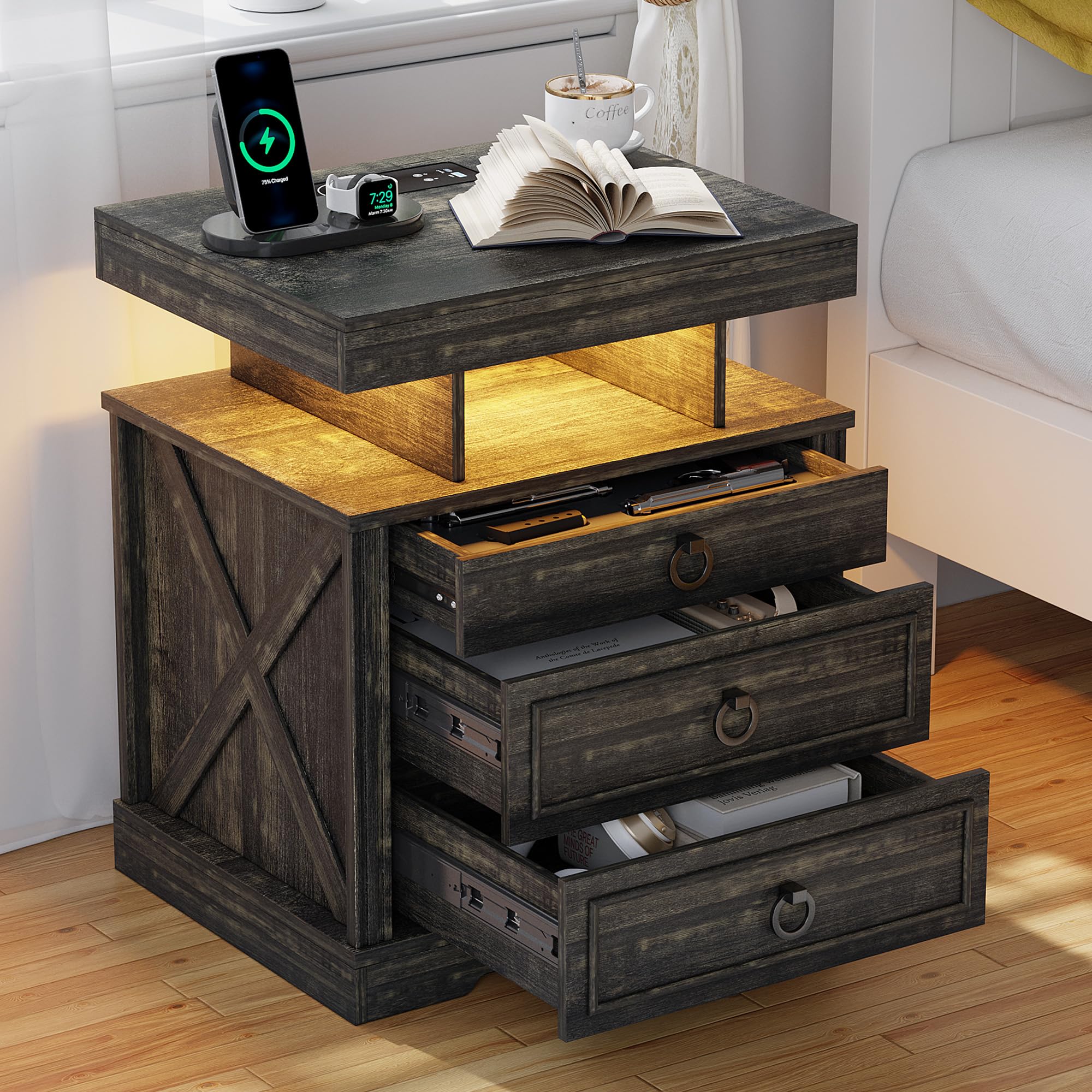 Amazon.com: HENBC Nightstand with Gun Drawers, LED Night Stand with ...