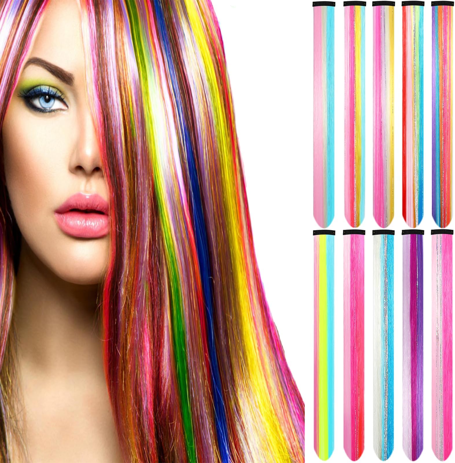 Amazon.com : 10Pcs Colored Hair Extensions 20Inch Multi-Colors Straight ...