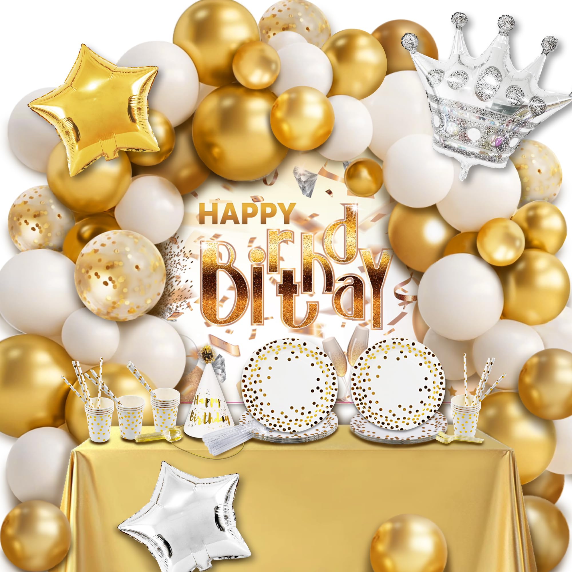 Amazon.com: Party Spot！125 pcs White Gold Party Decorations Supplies ...