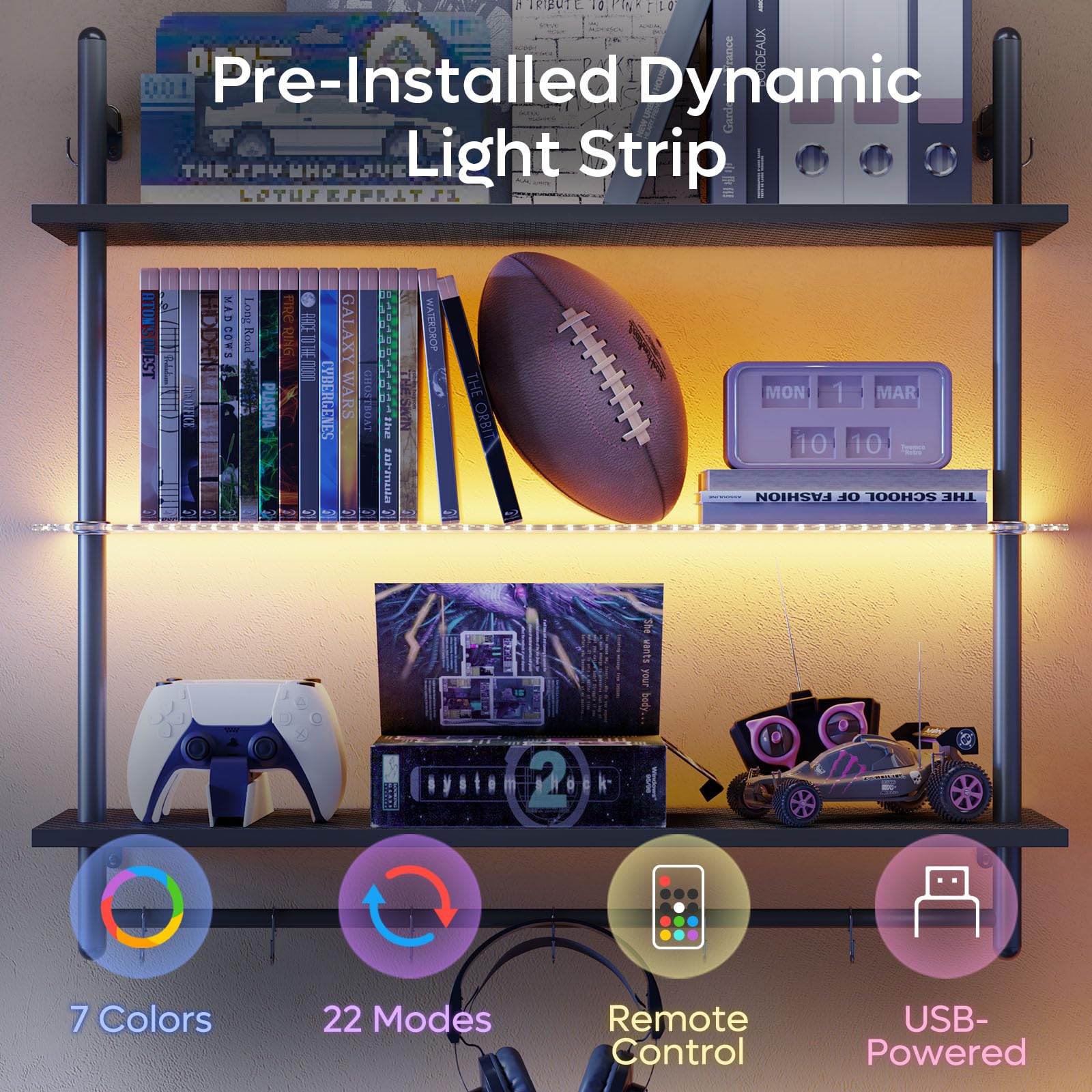 Snapklik.com : Bestier Gaming LED Floating Shelves For Wall, 41" Wall ...
