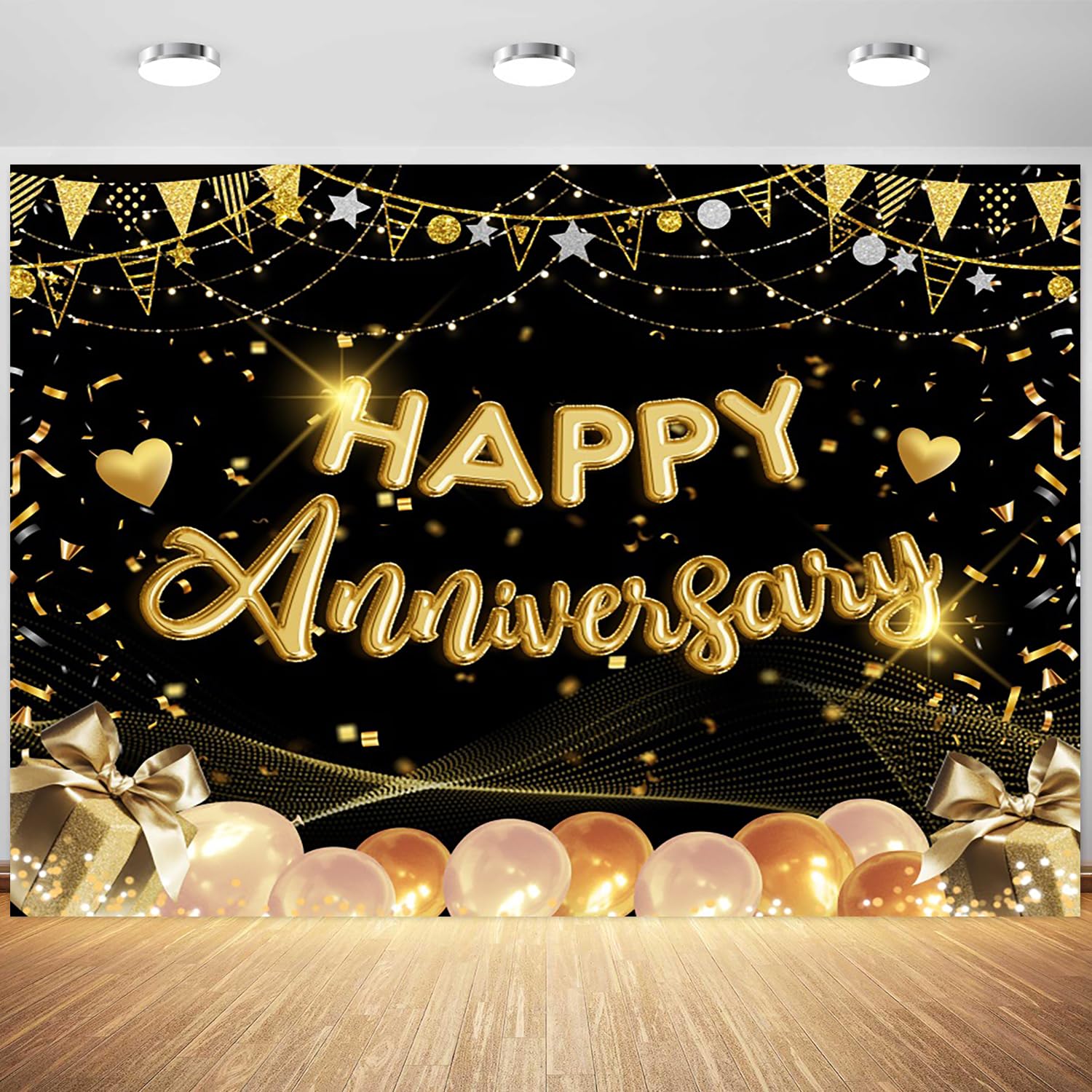 Amazon.com : 10x6.5ft Happy Anniversary Backdrop Black and Gold Hearts ...