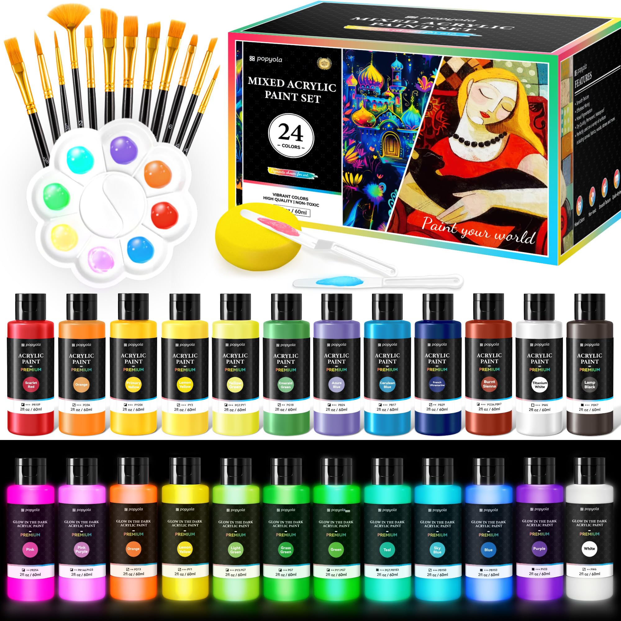 Amazon.com: 40 PCS Mixed Acrylic Paint Set with 12 Brushes, 2 Knives ...