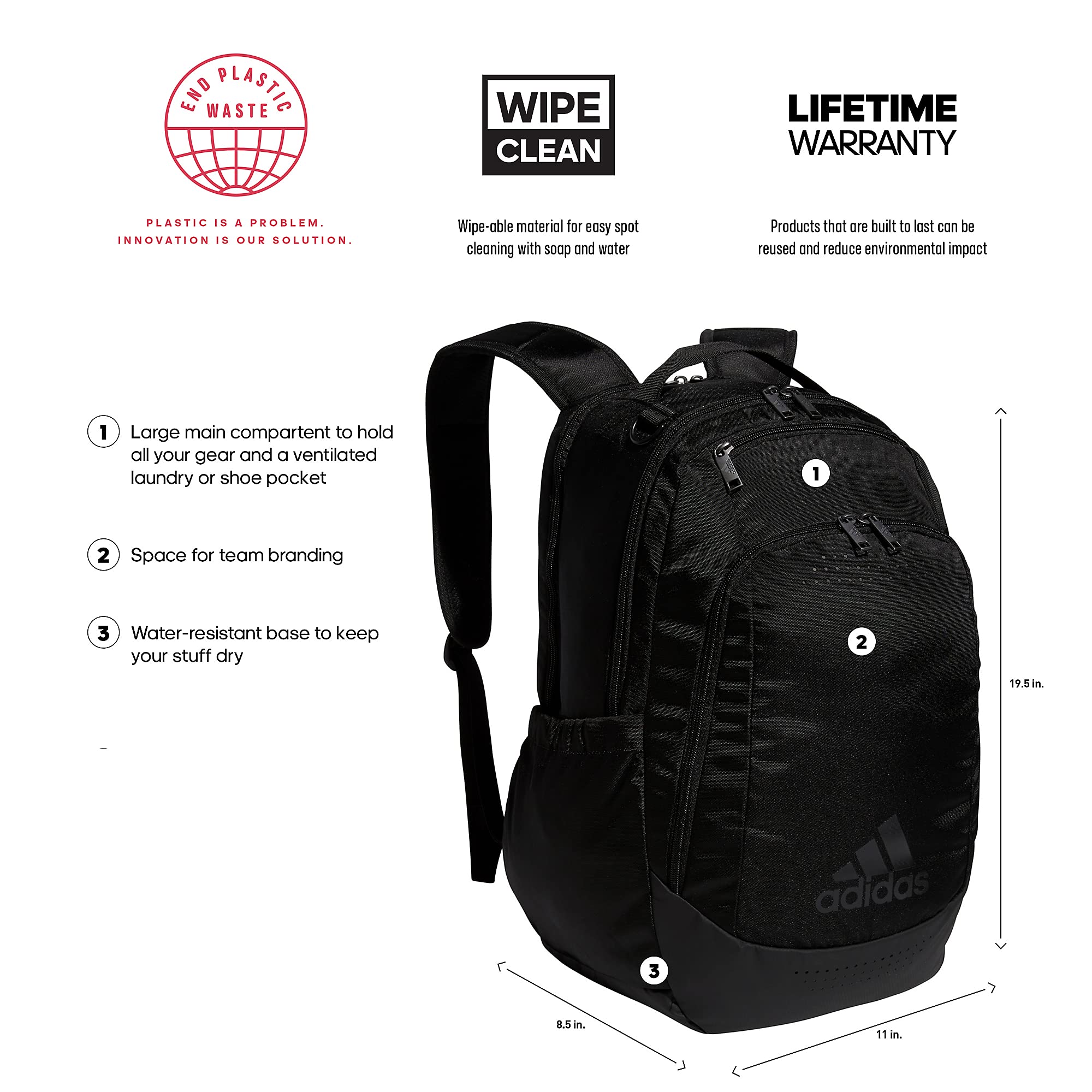 adidas Defender Team Sports Backpack, Black/Black, One Size