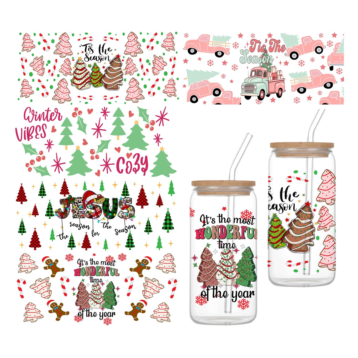 Buy UV DTF Cup Wrap Transfer Stickers for Glass,5 Sheet Christmas Cup ...