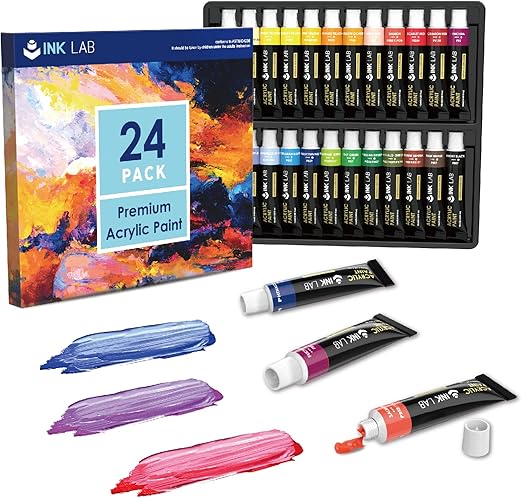INK LAB Acrylic Paint Set 24 Tubes Non Toxic Acrylic Craft Paints for ...