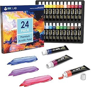 INK LAB Acrylic Paint Set 24 Tubes Non Toxic Acrylic Craft Paints for ...