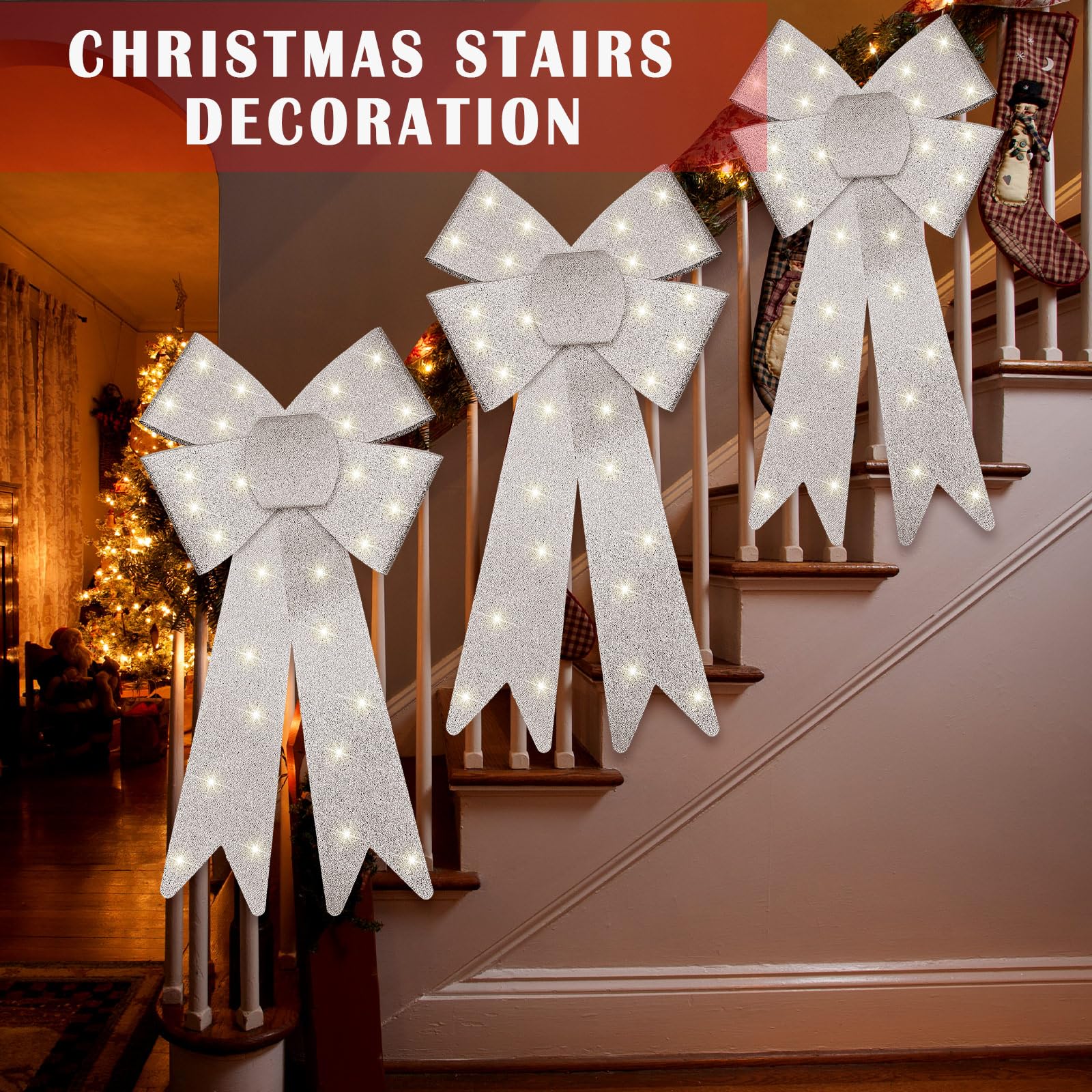 Liliful 3 Pcs LED Christmas Wreath Bow Outdoor Lighted Bows 18 x 10 ...