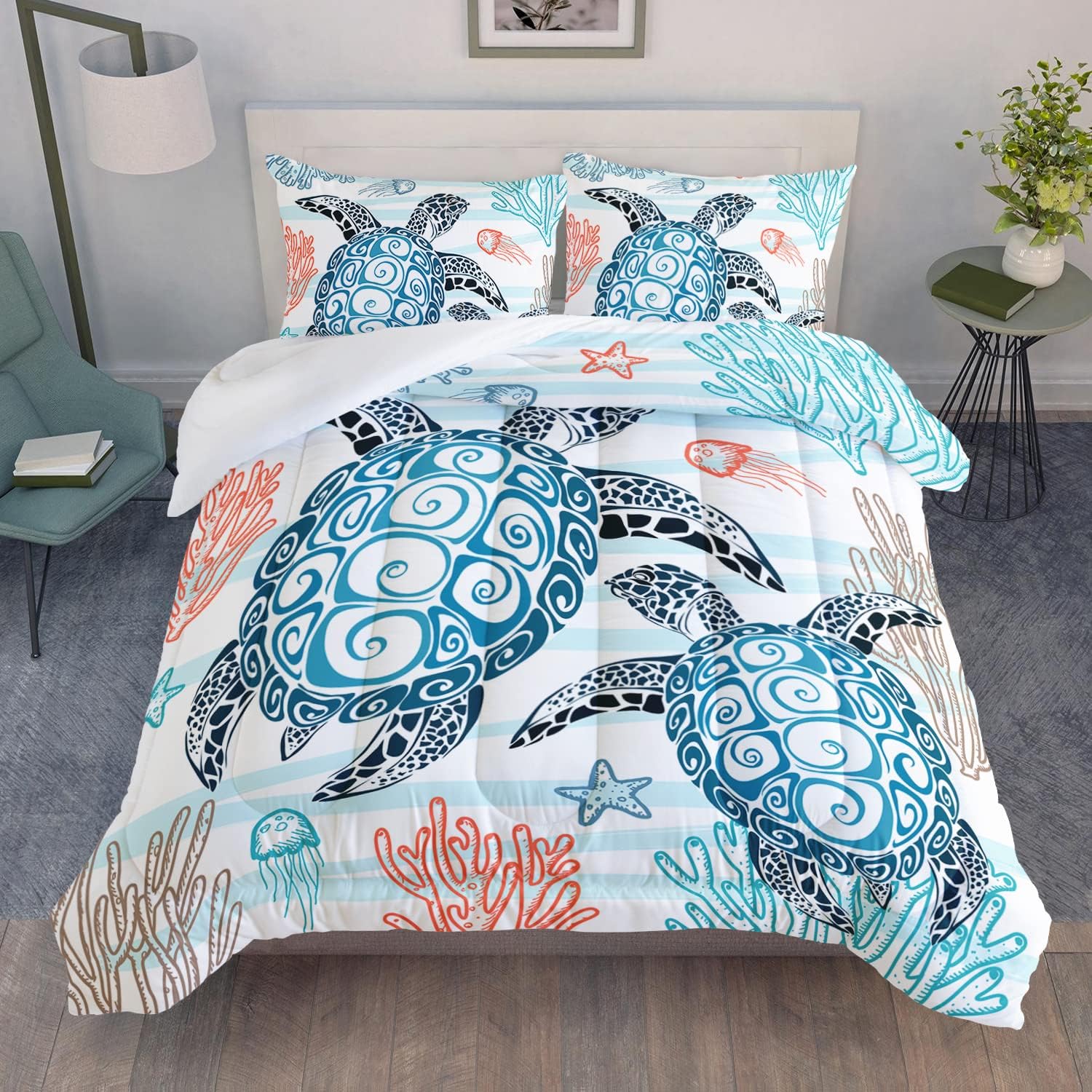 Amazon.com: HOSIMA Sea Turtle Comforter Set,Coastal Beach Themed ...