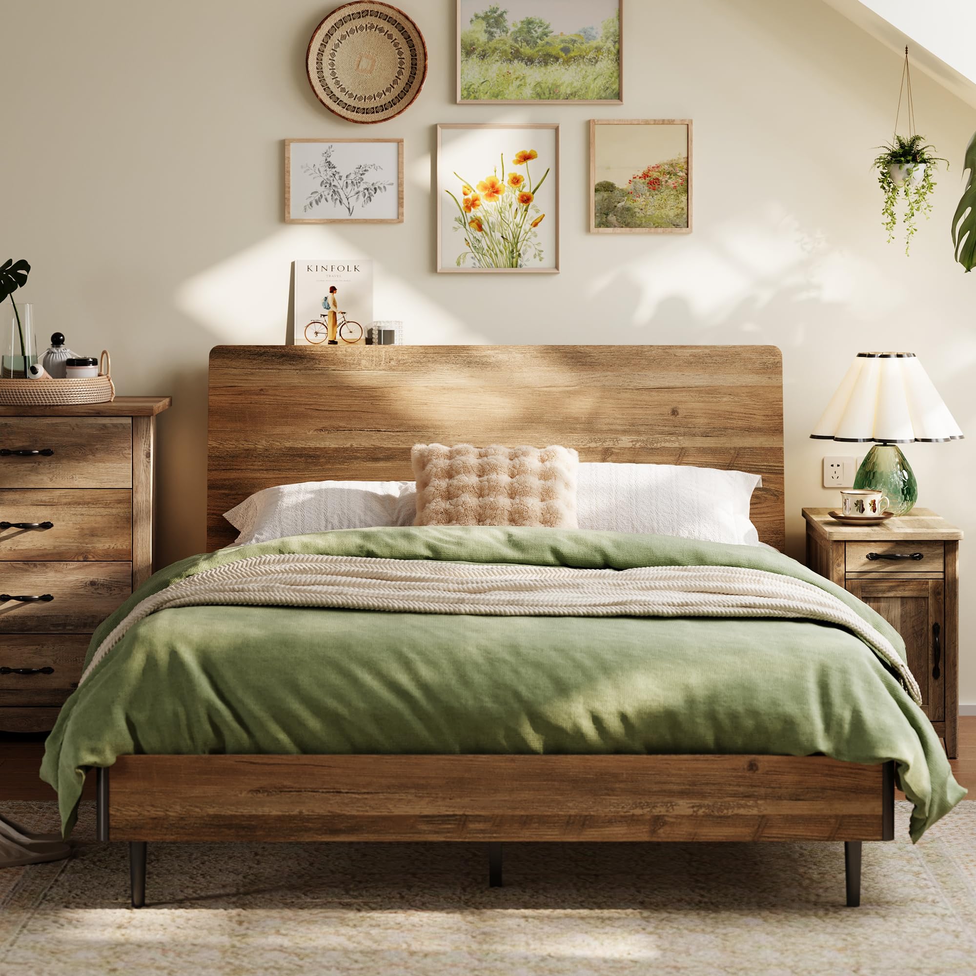 Amazon.com: LINSY Full Size Bed Frame Wood with Ergonomic Headboard ...