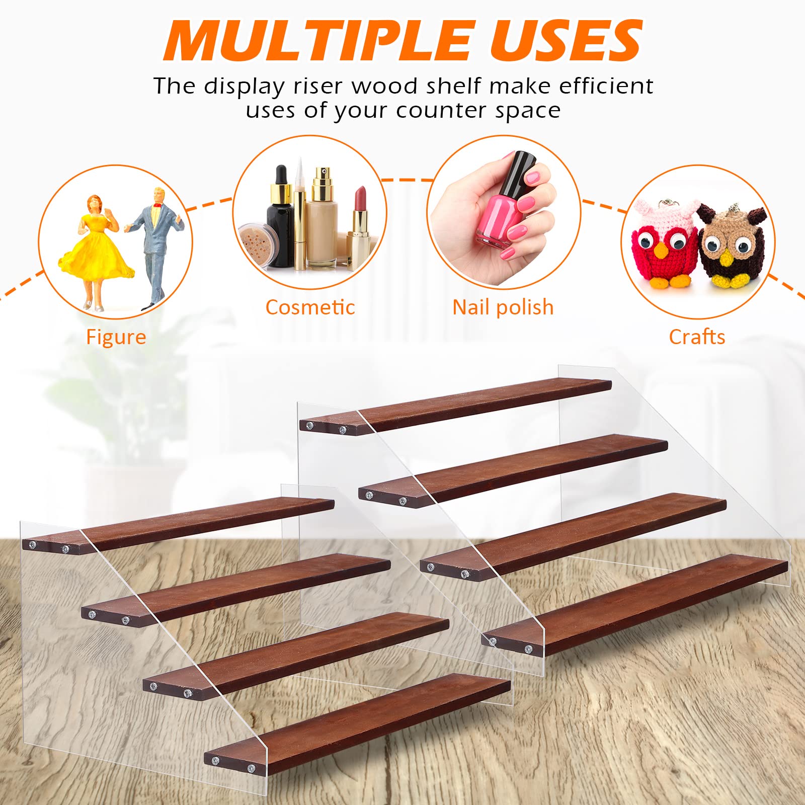 Queekay 4 Pack Acrylic Wood Display Stand Wooden Tiered Display Shelf ...