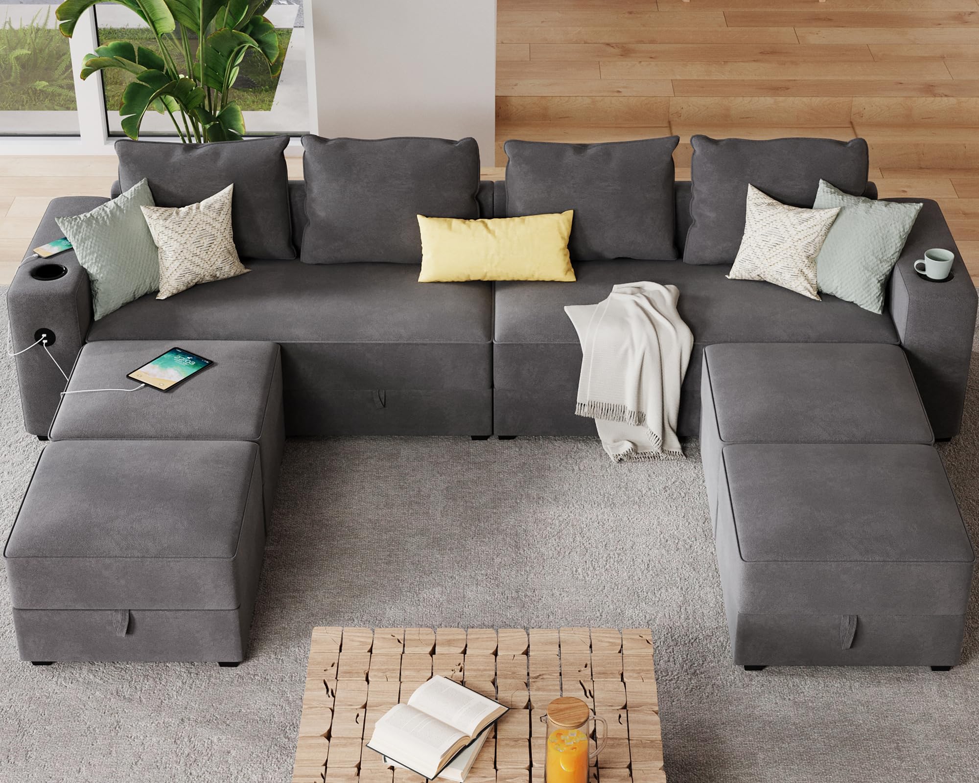 Sectional Sofa, 114 Inch Modular Sectional Sofa with 2 USB Ports & Cup ...