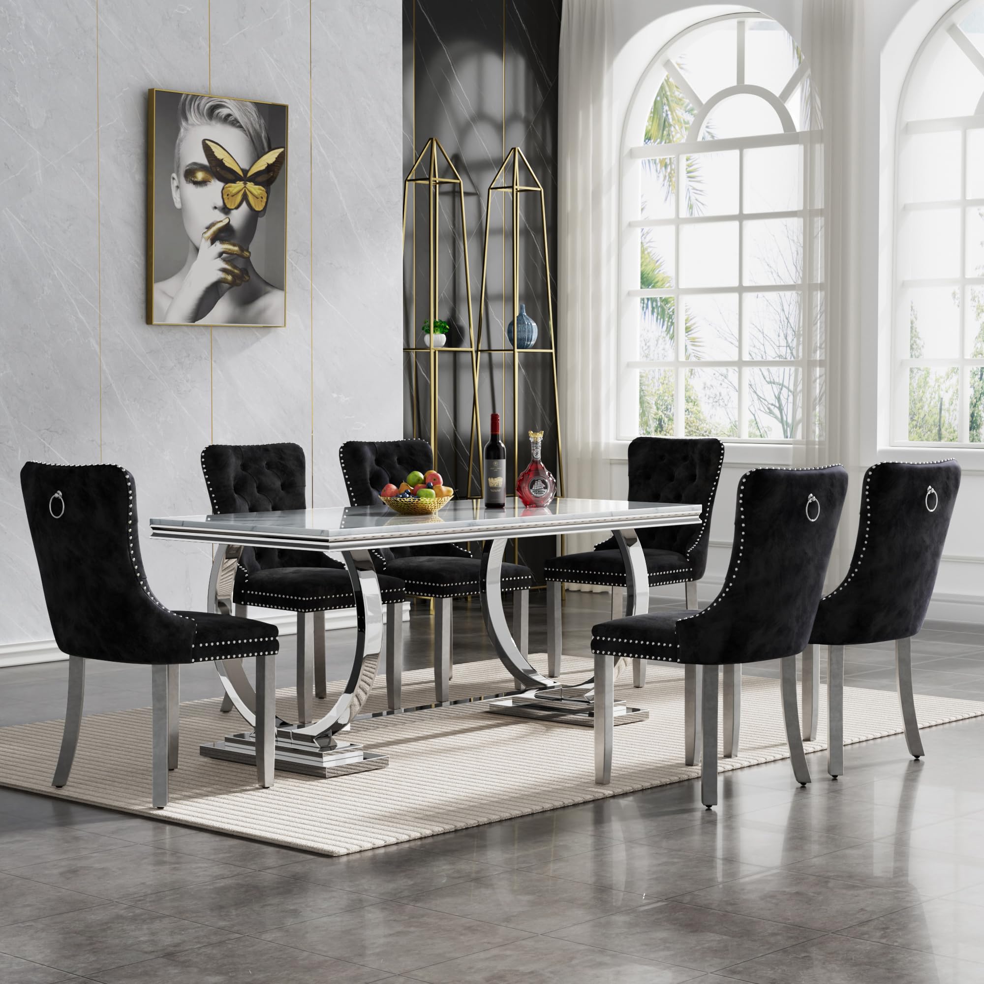 Amazon.com - Modern Marble Dining Table Set for 6, 7 Piece White Faux ...