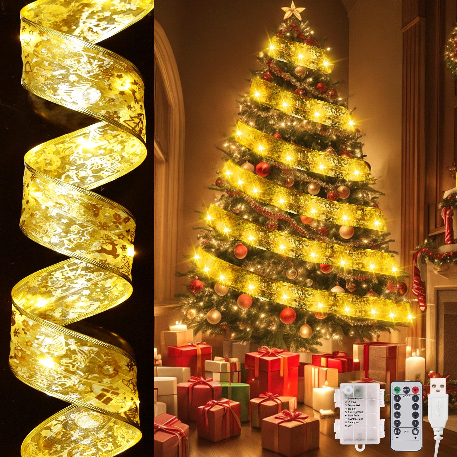 Amazon.com: Dailyart Christmas Tree Ribbon 78Ft 200 LED String Lights ...
