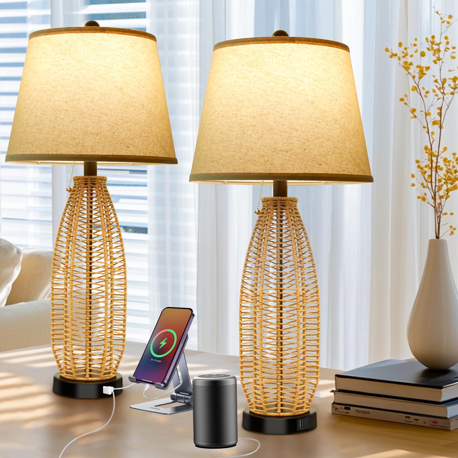 vallerico 27" Boho Table Lamps Set of 2: Rattan Table Lamp with USB A+C ...