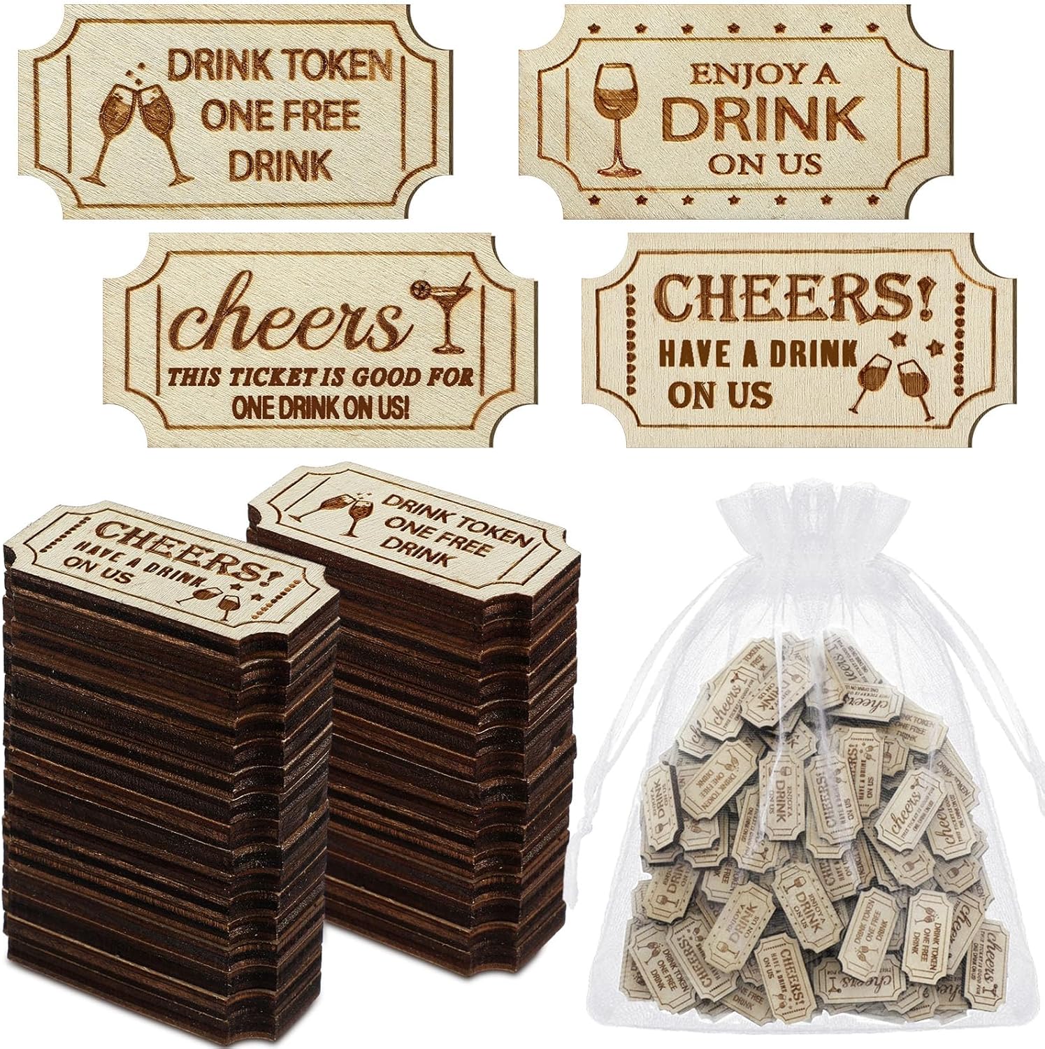 Amazon.com : Motionchic 120 Pcs Wooden Drink Tokens Bulk Wooden Drink ...