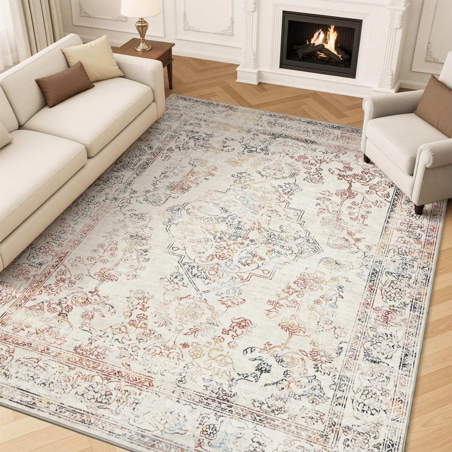 MontVoo-Area Rug 8X10 Rugs for Living Room-Vintage Soft Multi&Beige ...