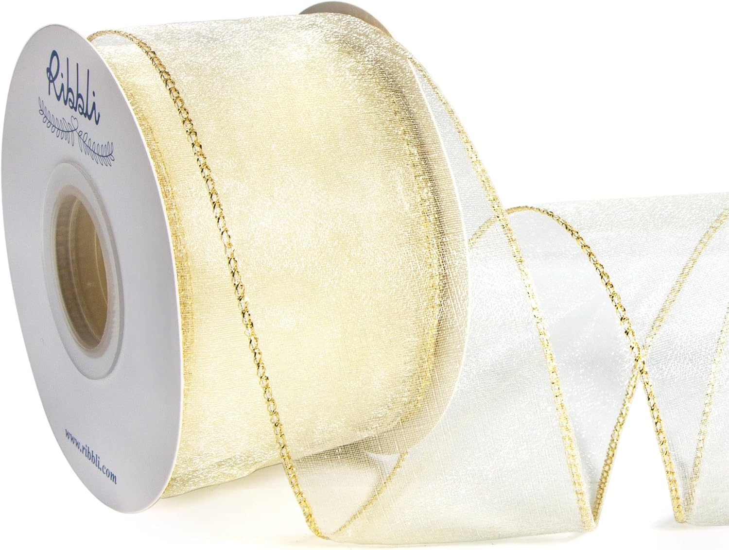 Amazon.com: Ribbli Ivory Organza Wired Ribbon, Ivory Sheer with Gold ...